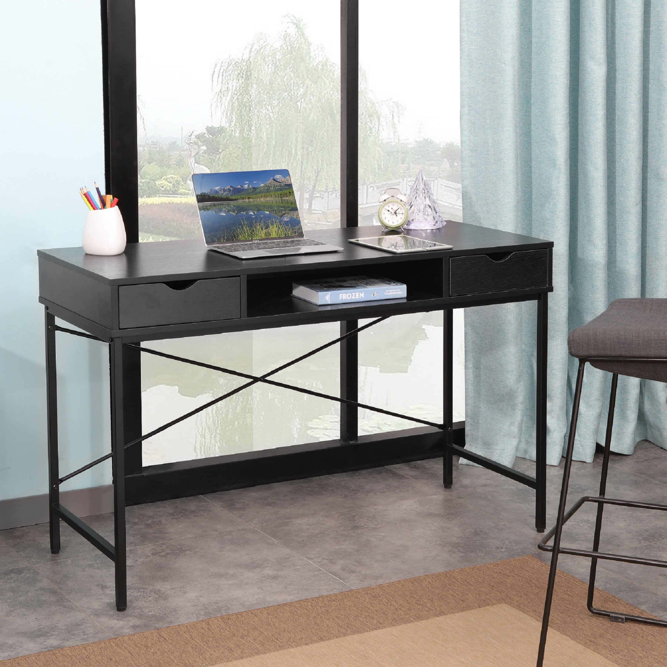 JJS 48' Writing Desk with Drawers, Contemporary Home Office Large ...