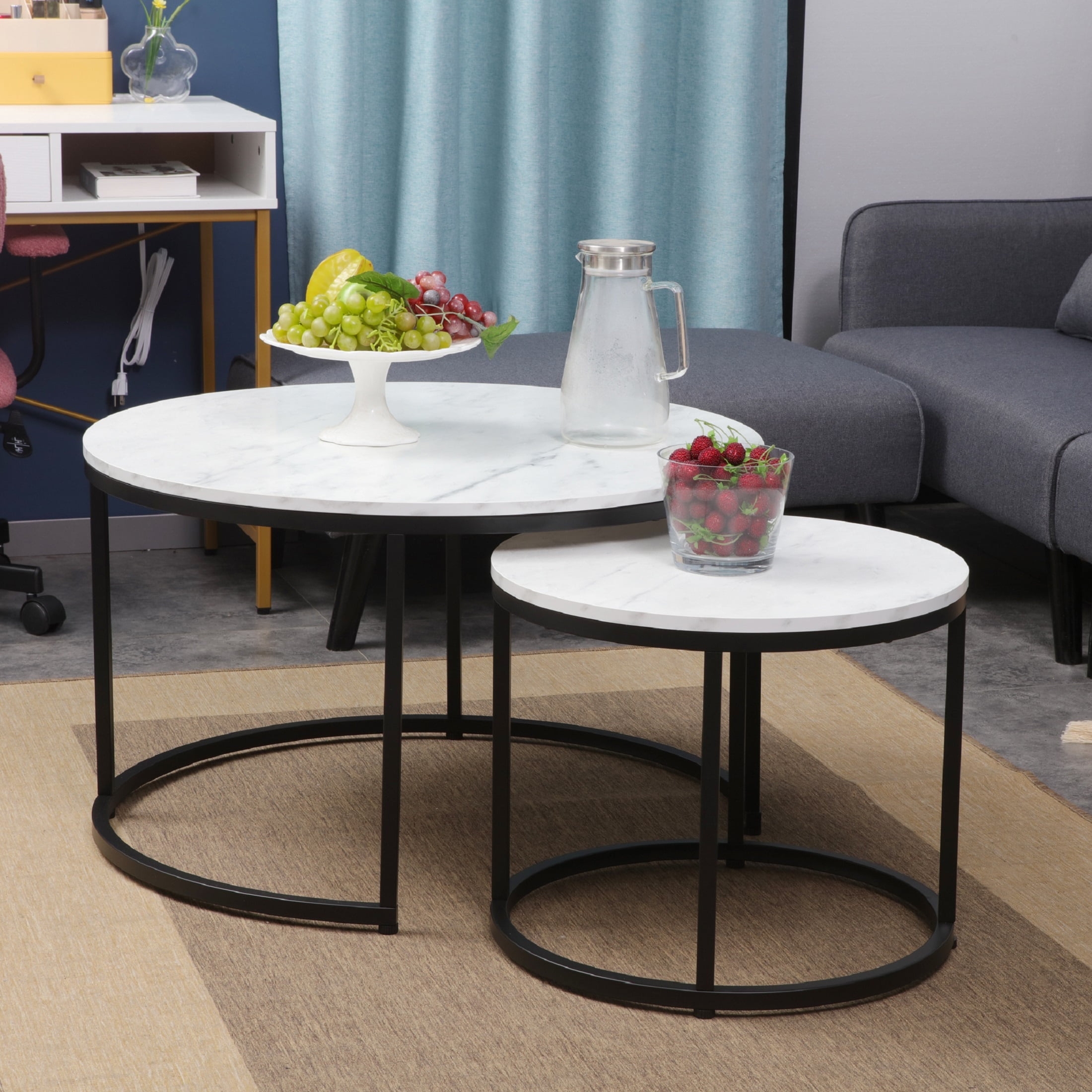 JJS Modern Round Nesting Coffee Table Set of 2, Large Living Room ...