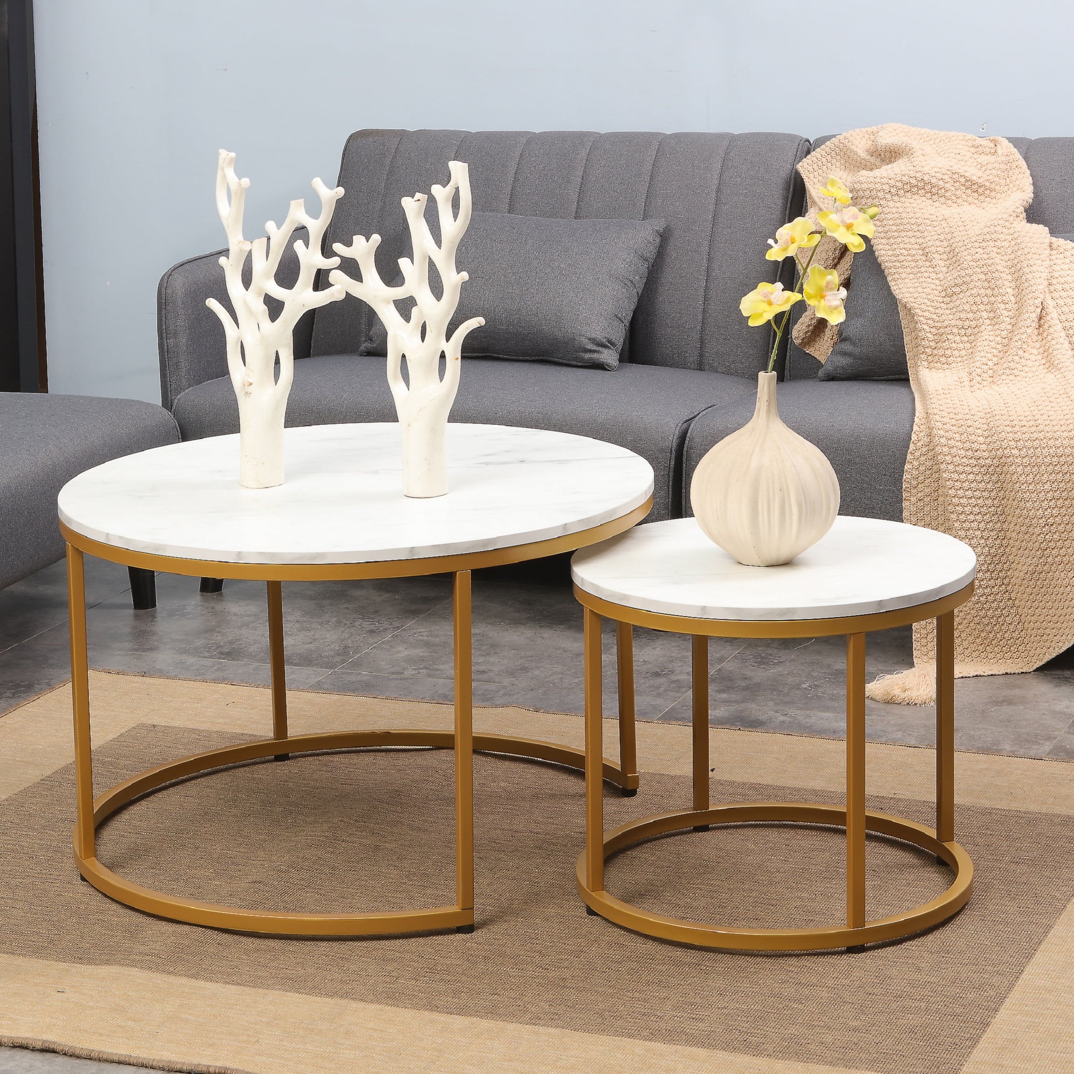 JJS Modern Round Nesting Coffee Table Set of 2, Large Living Room ...