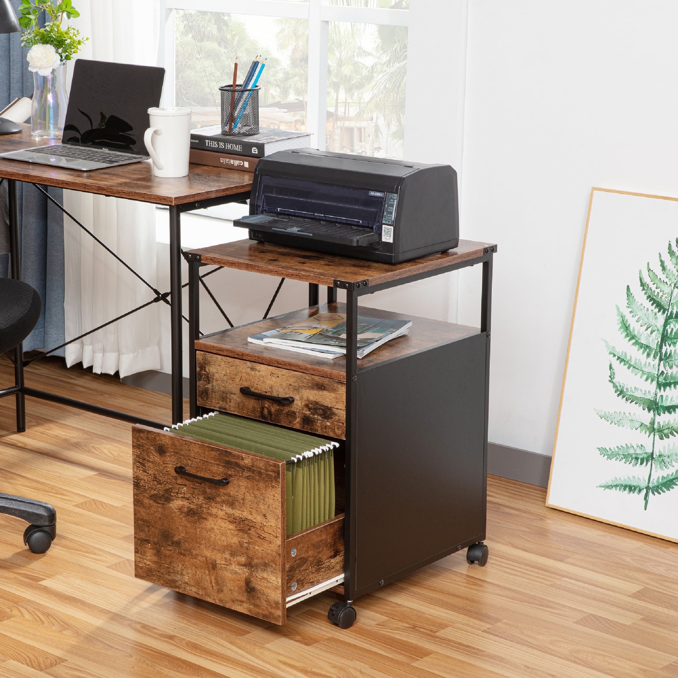JJS Wood File Cabinet, Mobile Open Shelf Home Office Filing Cabinet ...
