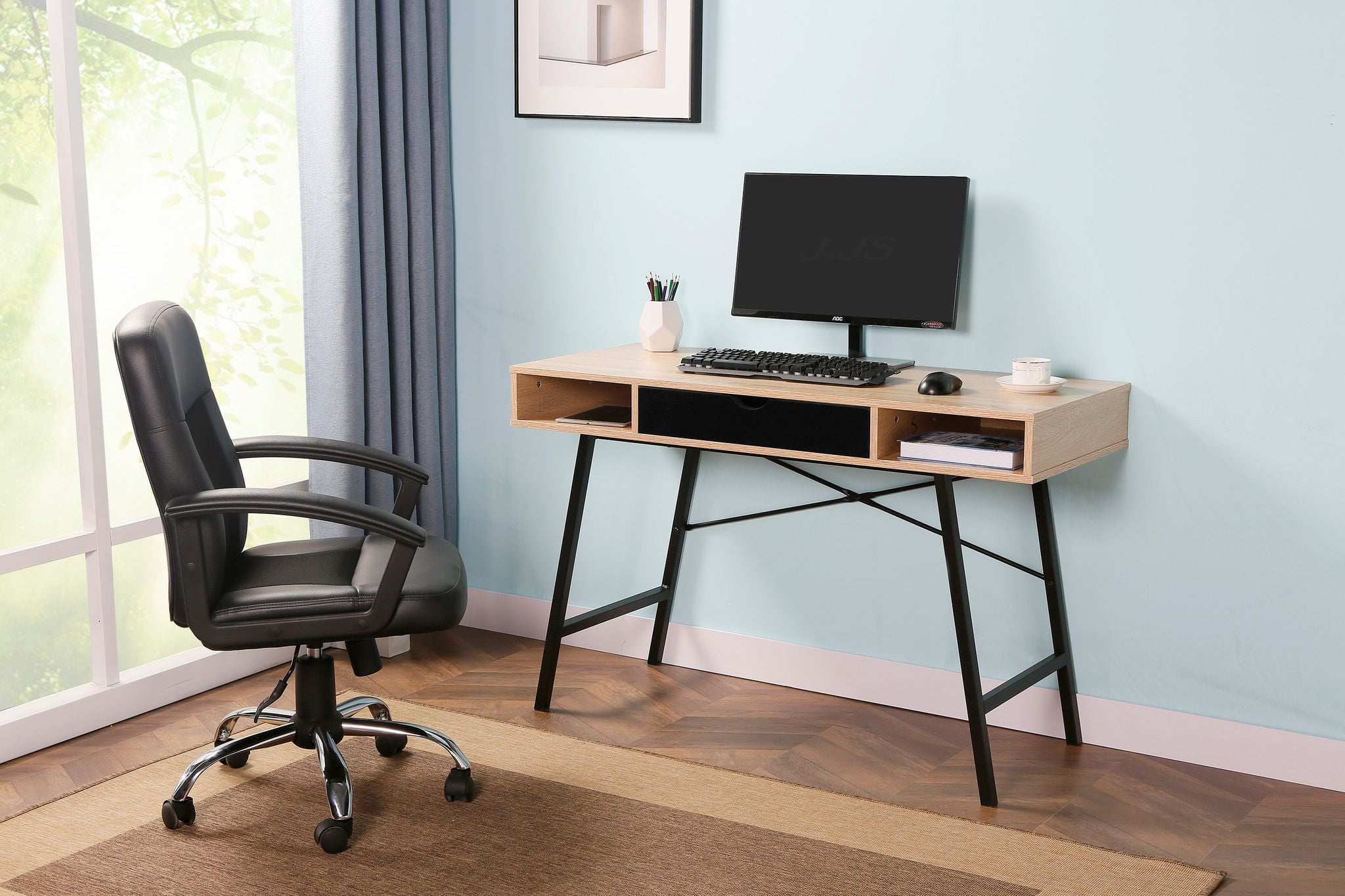 JJS Wood Home Office Writing/Computer Desk with Drawers in Black/Gray ...