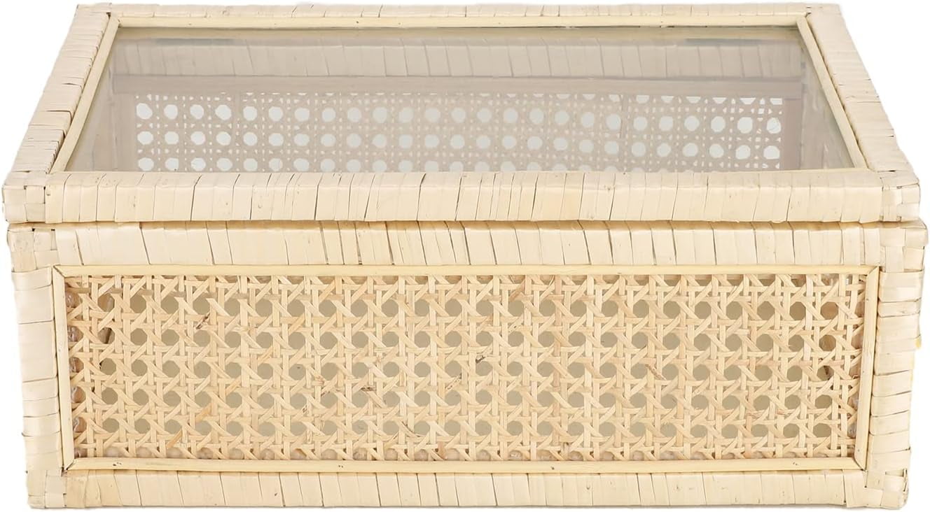 JJSQ Rattan Box with Glass Lid Rattan Woven Basket with Lid Decorative ...