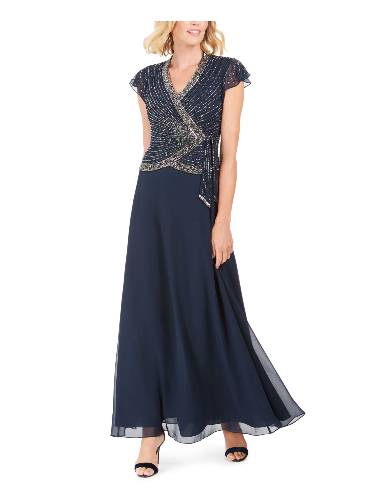 JKARA Womens Navy Embellished Tie-side Short Sleeve Surplice Neckline ...