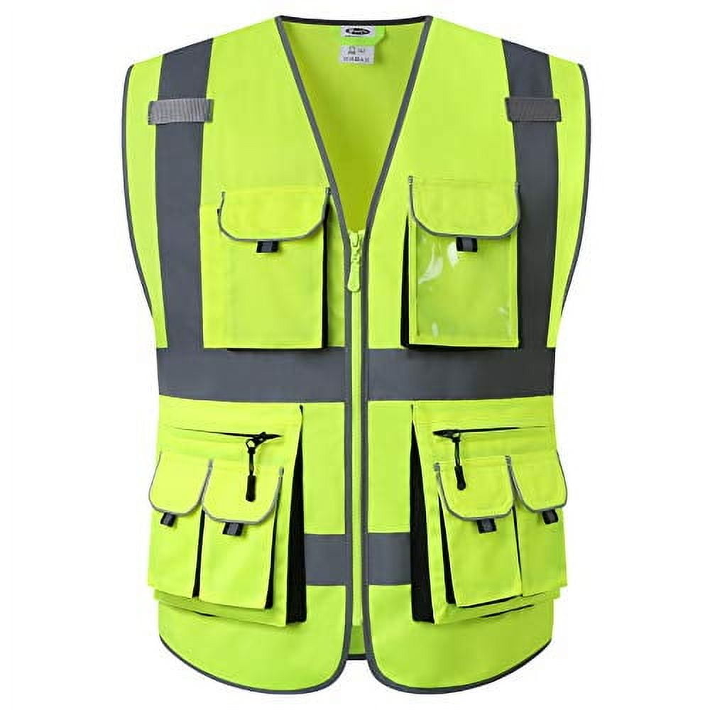 JKSafety 10 Pockets Class 2 High Visibility Zipper Front Safety Vest ...