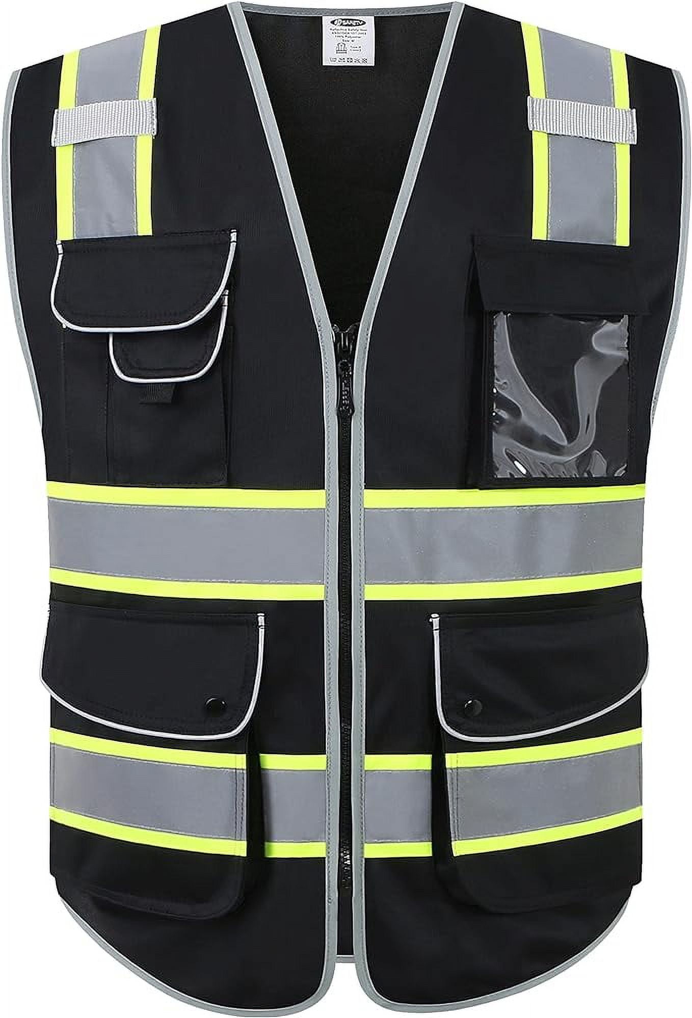 JKSafety 9 Pockets Hi-Vis Black Color Zipper Front Safety Vest Fluorescent Yellow Strips ...