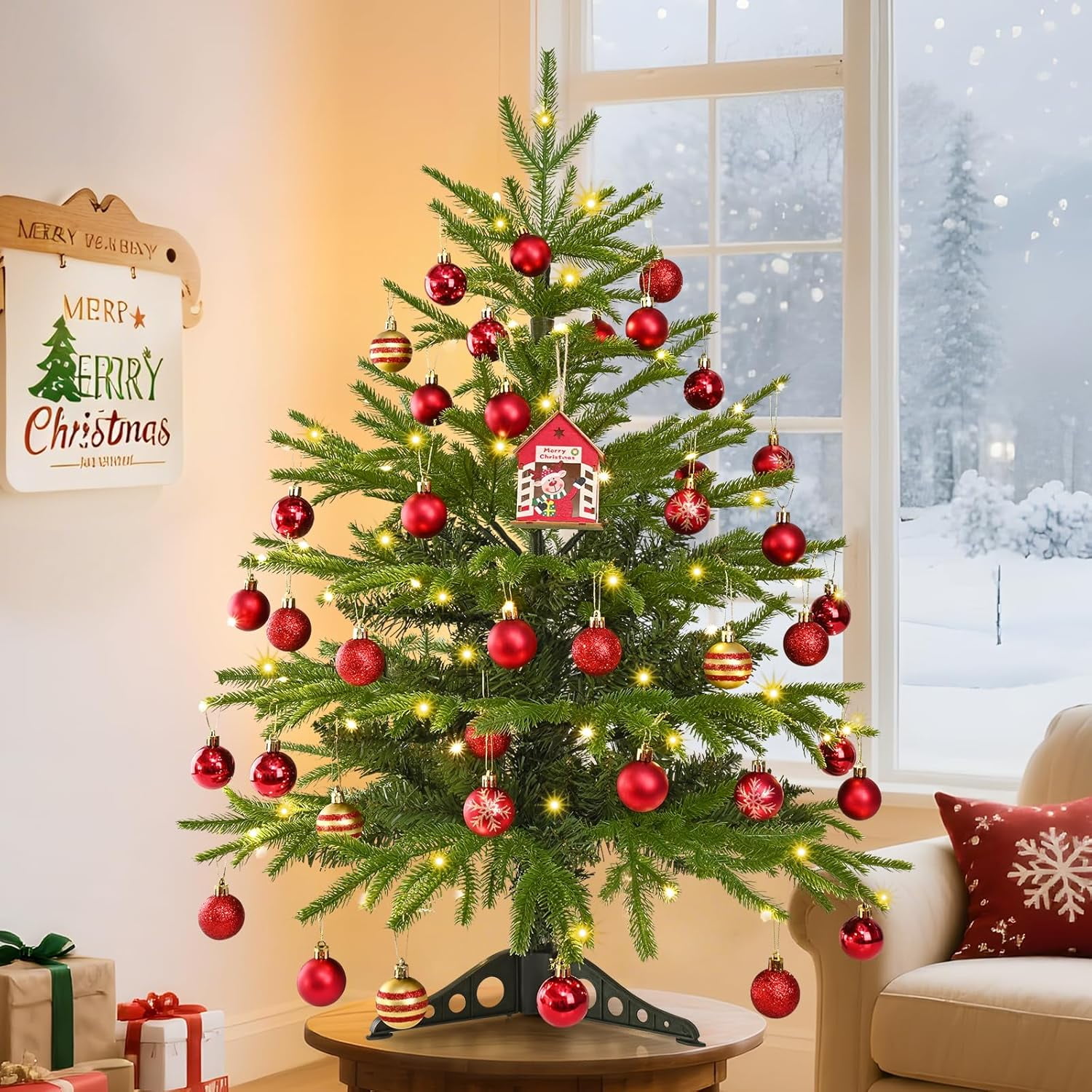 JL 3FT Realistic Norfolk Pine Small Christmas Tree with 50 LED String ...