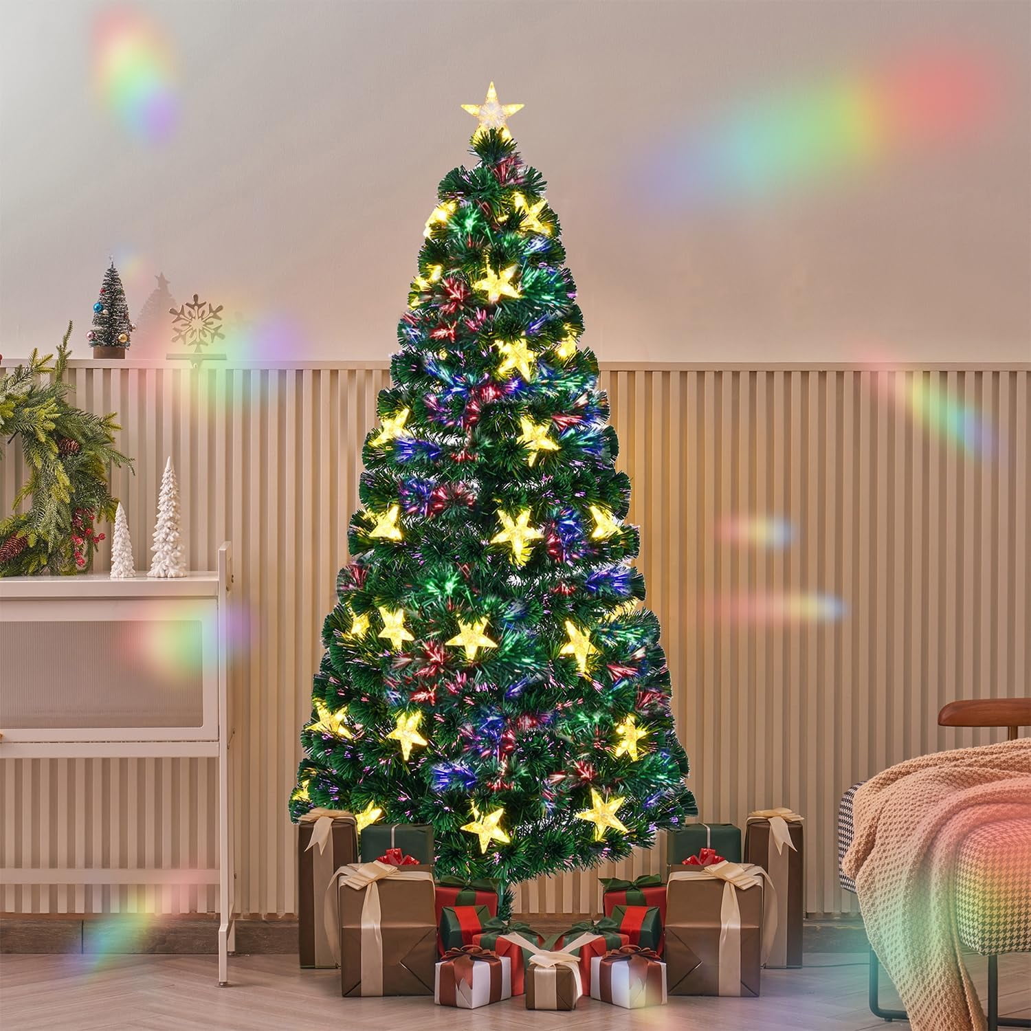 JL 6ft Pre-Lit Artificial Christmas Tree, Lighted Optical Fiber Xmas ...