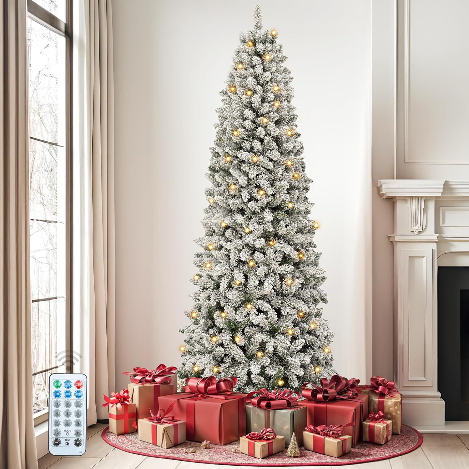 JL 7.5ft Snowy Pencil Christmas Tree with Lights, Elegant Kingswood Fir ...