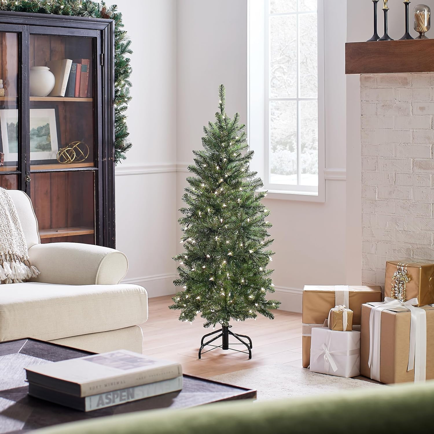 JL Artificial Pre-Lit Slim Christmas Tree, Green, Kingswood Fir, White ...