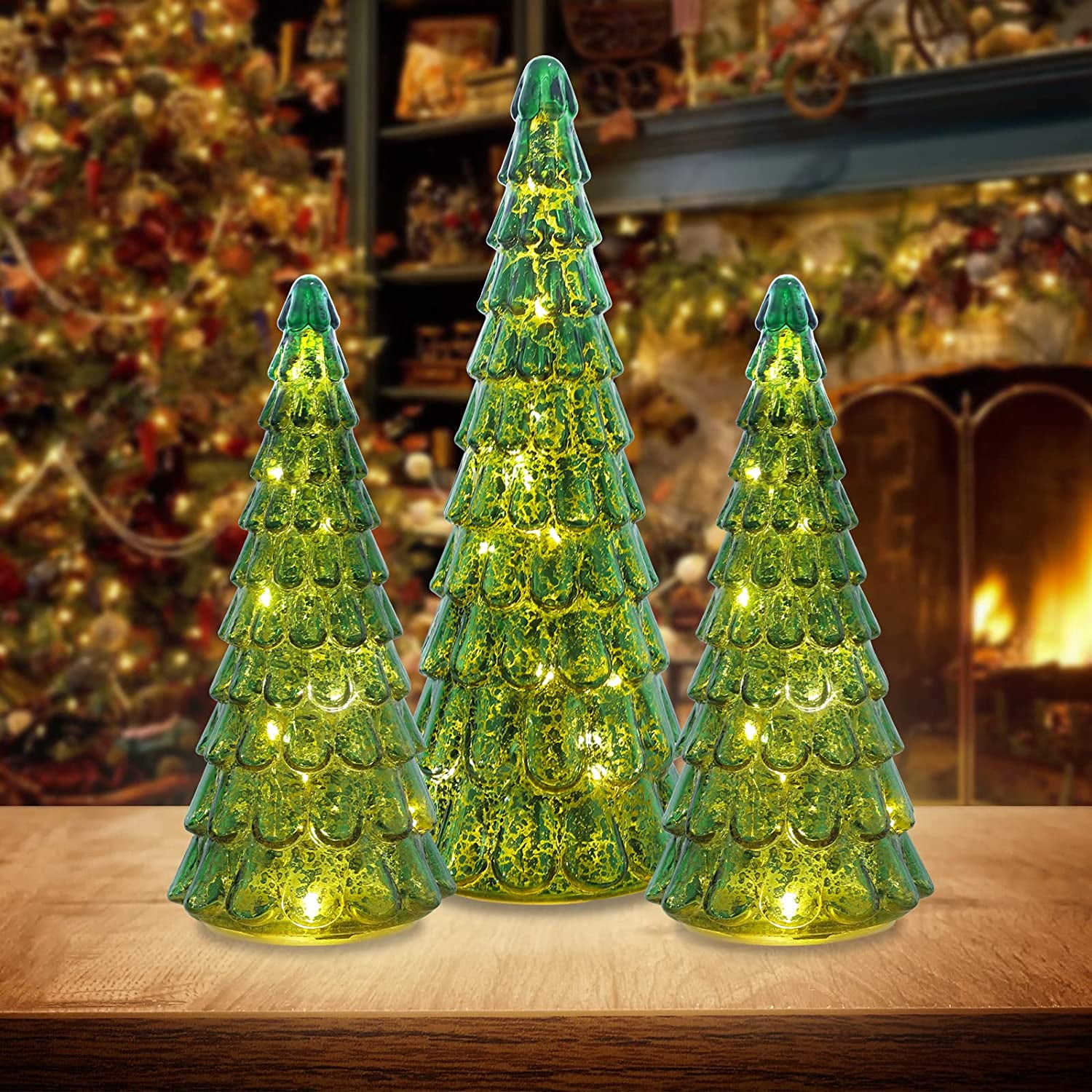 JL Christmas Decorations Indoor, 3 pcs Sparkling Glass Christmas Tree ...