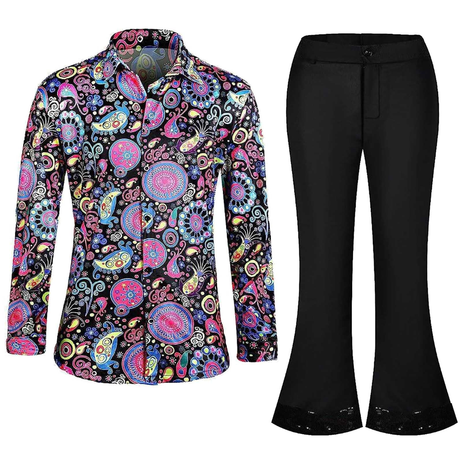 JLFKNG Mens 70S Disco Outfit Retro Floral Shirt Flare Pants Two Piece ...