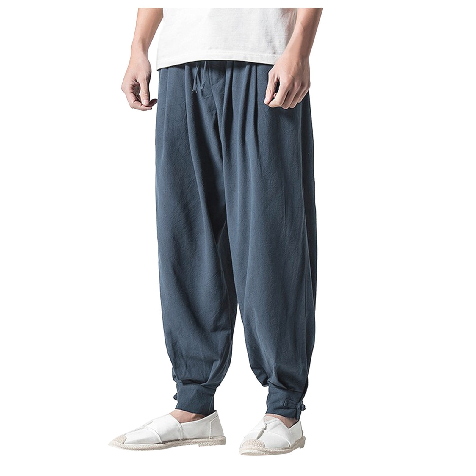 JLFKNG Mens Pants Loose Fit Breathable Drop Crotch Pants With Pockets ...