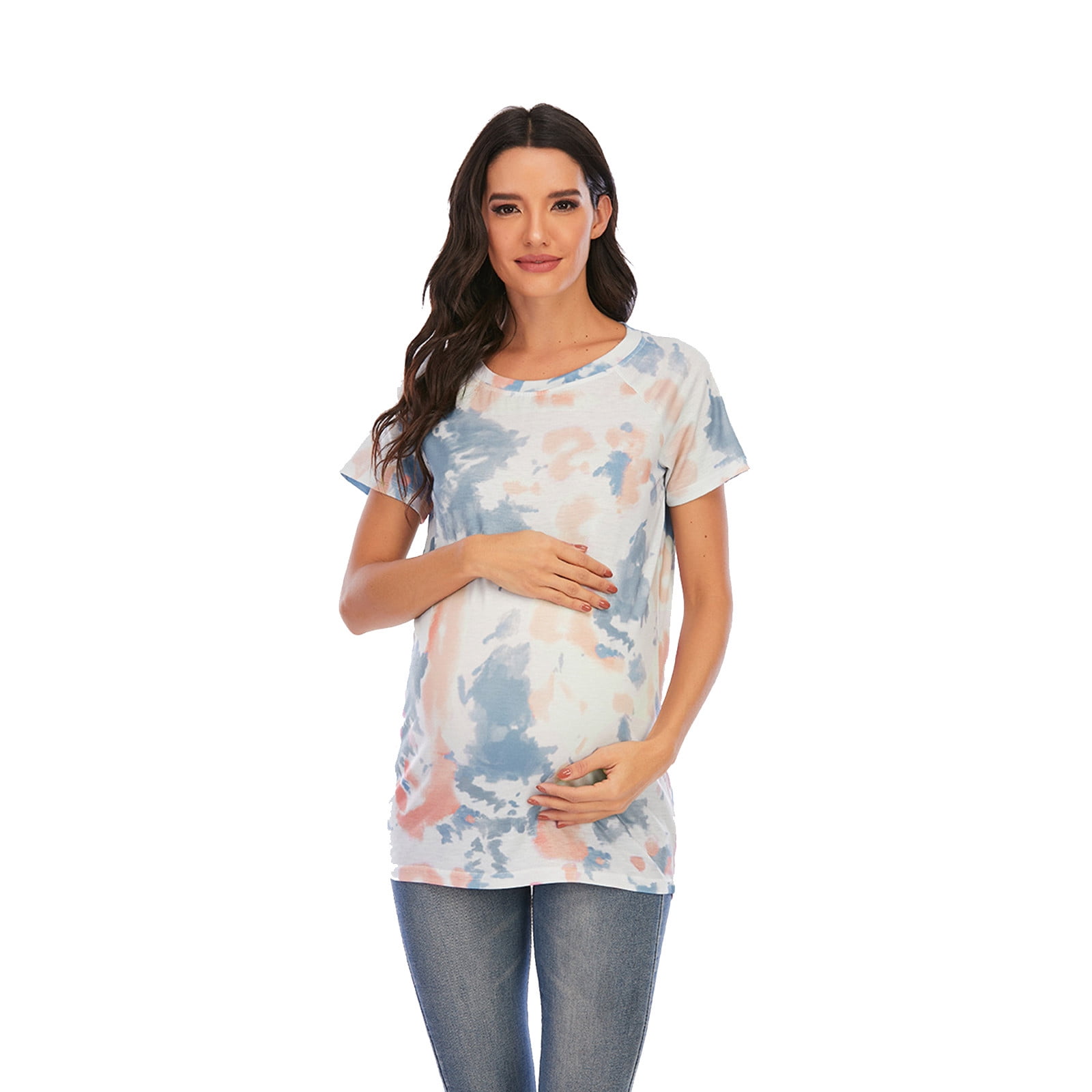 JLFKNG Women's Maternity Shirts Irregular Tie Dye Hem Tee Shirt Casual ...