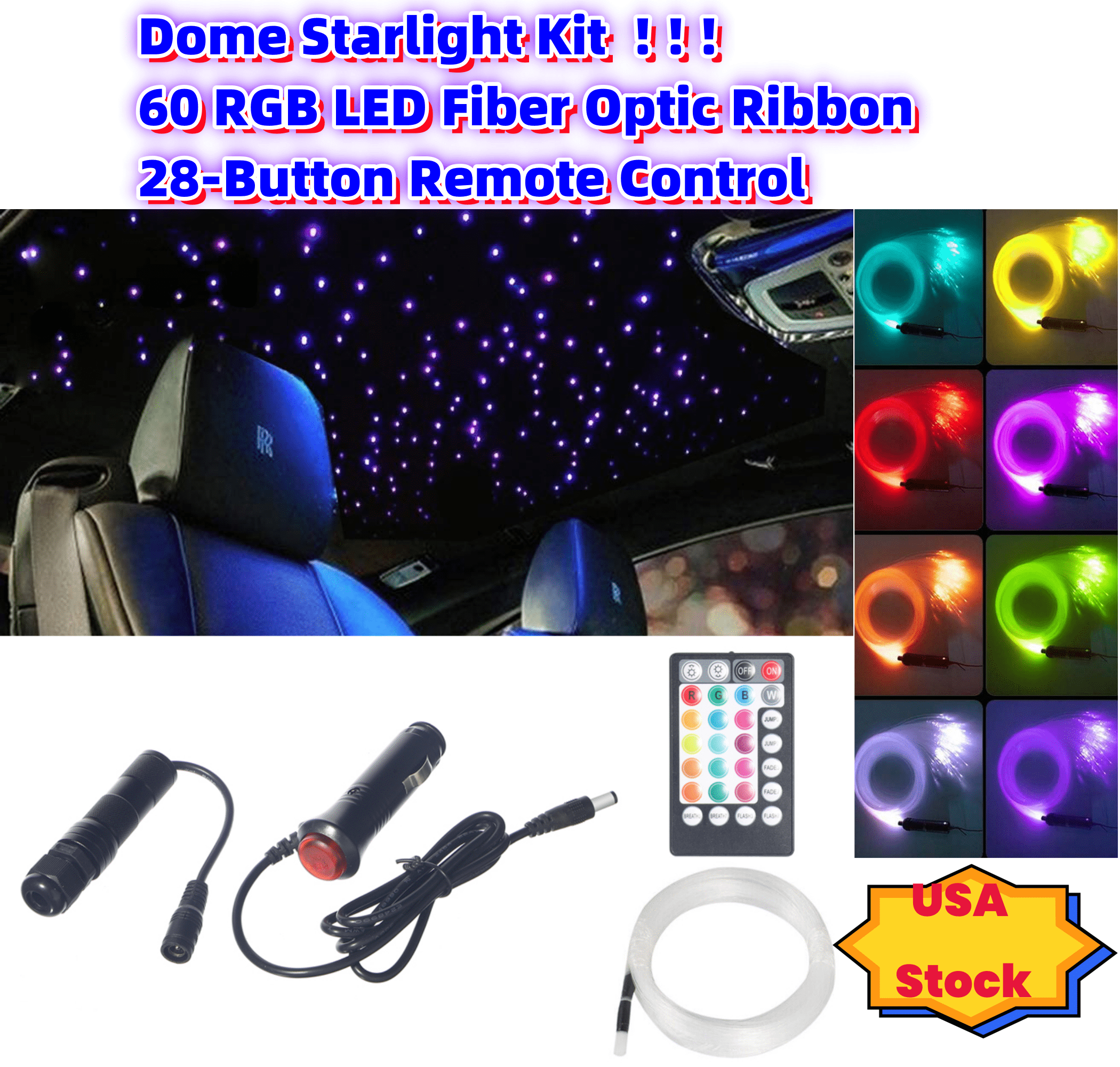 JLLOM Car Roof Star Light Kit - 60pcs RGB LED Fiber Optic with 28key ...