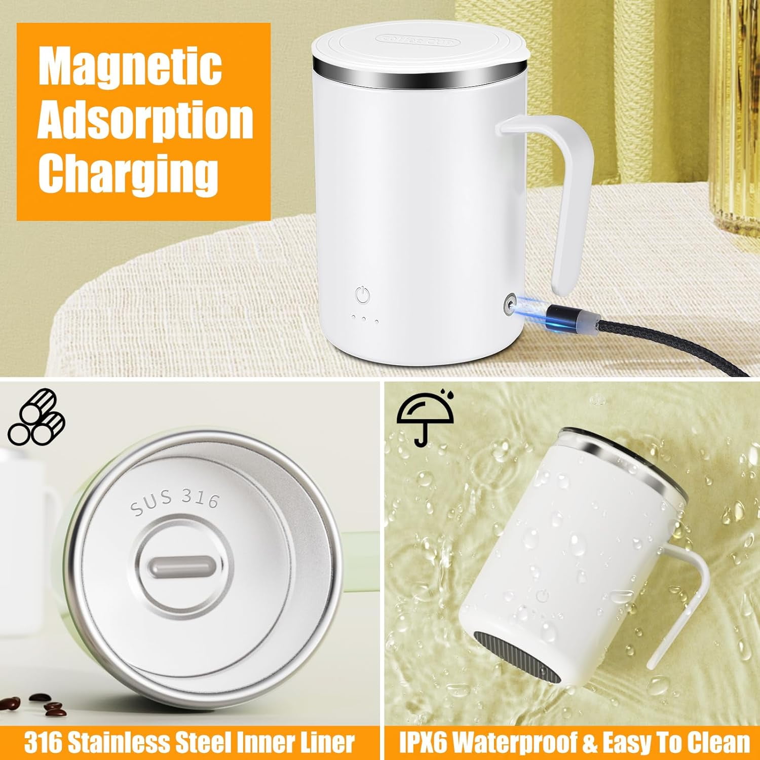 JLLOM Self Stirring Mug Rechargeable Auto Mixer Cup 2 Stir Bars 13 oz ...