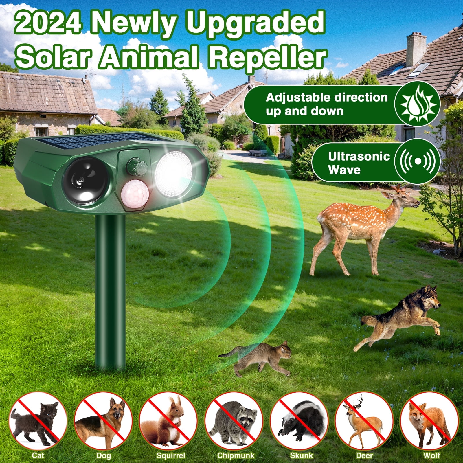 JLLOM Solar Animal Repeller, Outdoor Ultrasonic Cat Deterrent ...