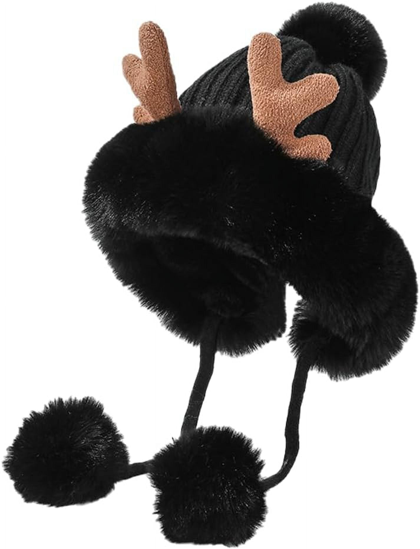 JLMMEN Fluffy Beanies for Women Cute Deer Hats with String Furry Ball ...