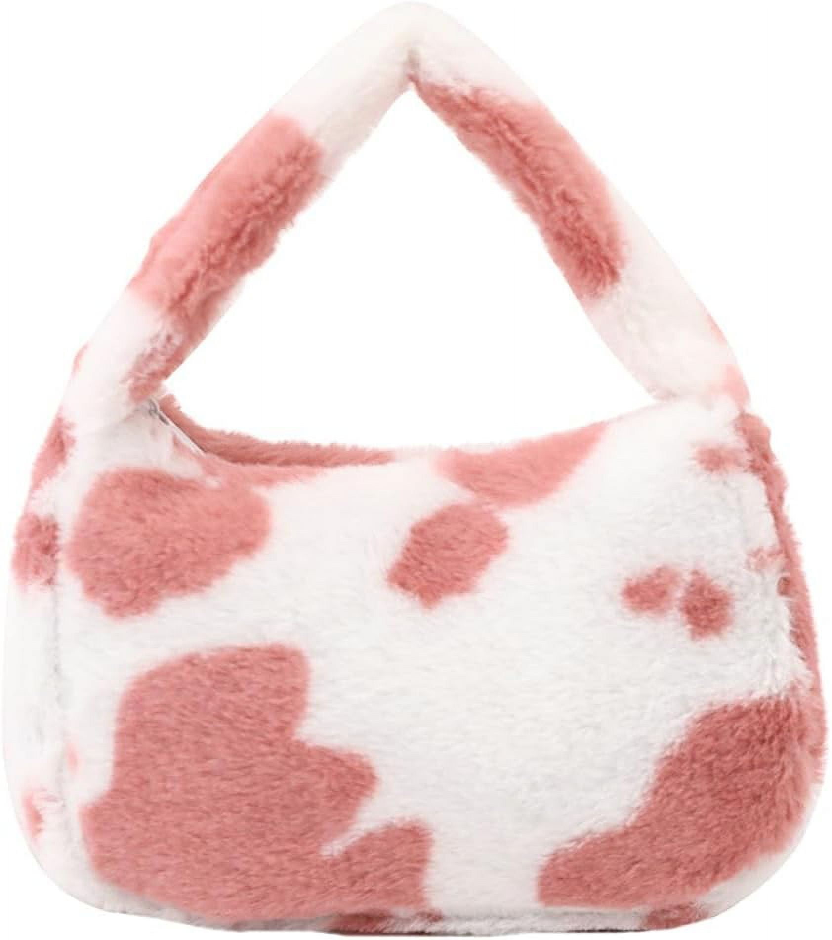 JLMMEN Furry Purse for Women Fluffy Cow Print Y2k Plush Handbags Faux ...
