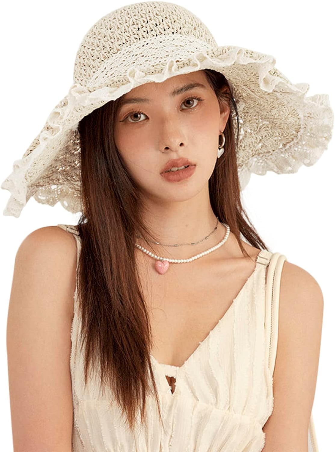 JLMMEN Straw Wide Brim Hat Summer Beach Sun Hats Fold-Up Brim Packable ...