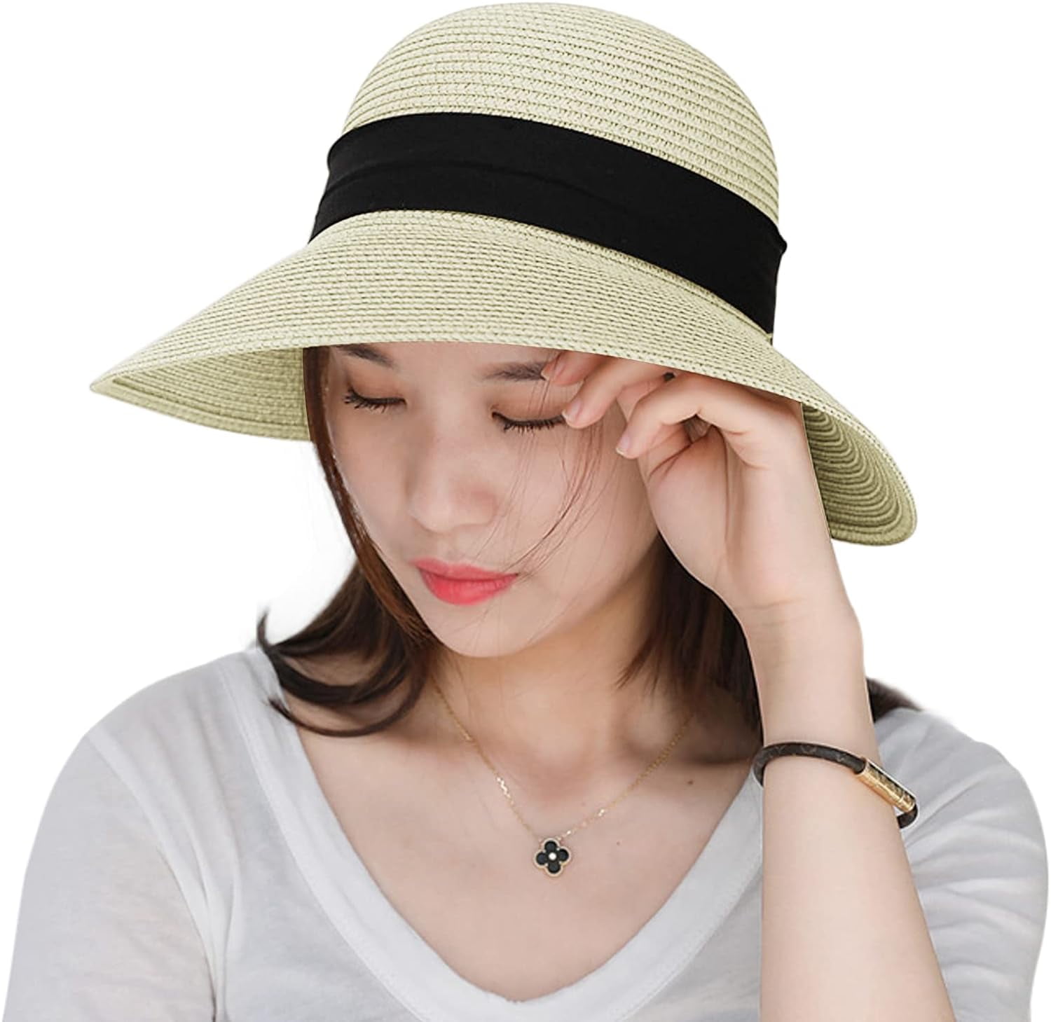 Jlmmen Woman Sun Straw Wide Brim Hat Bowknot Summer Beach Sun Hat Fold