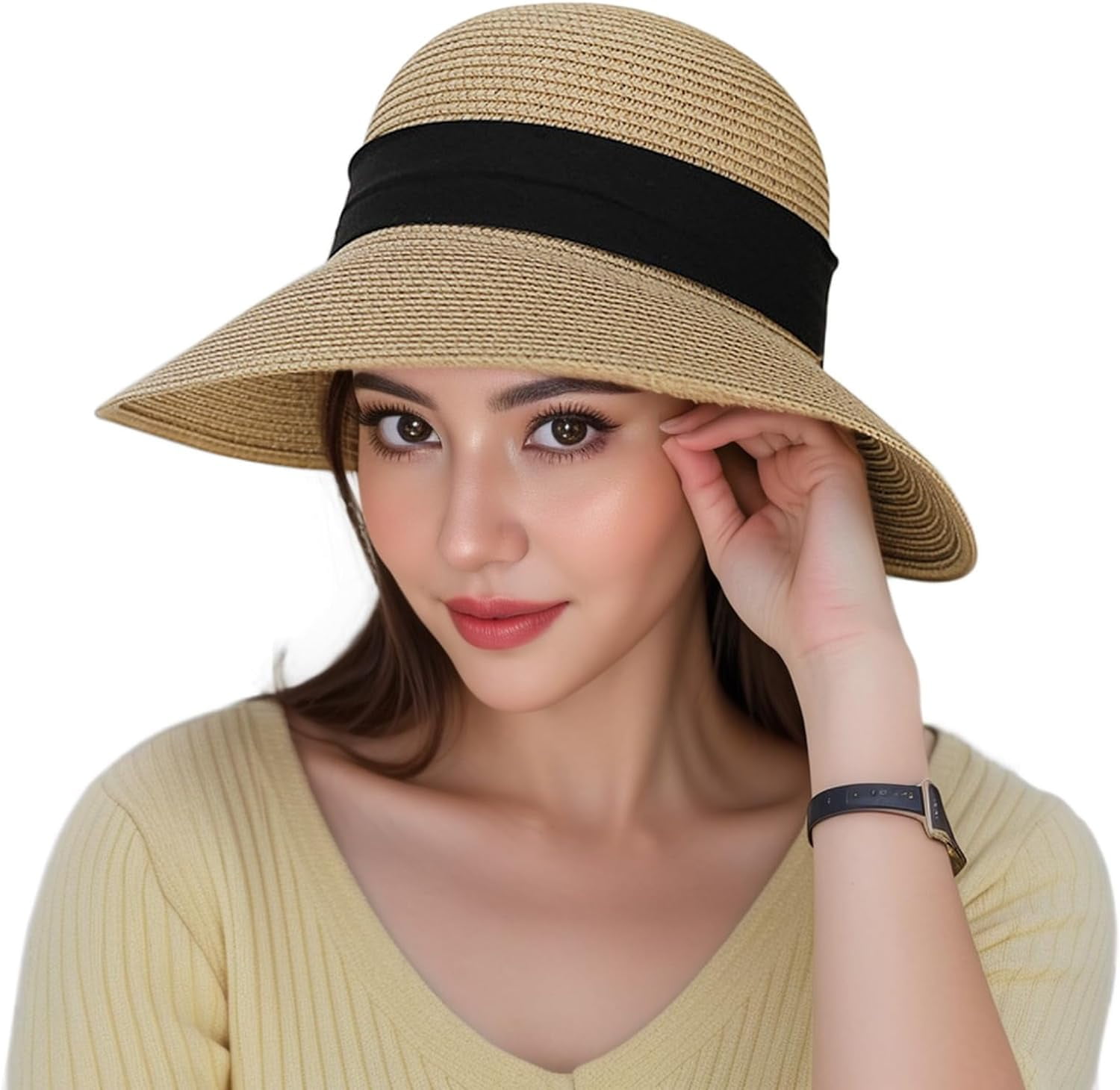 Jlmmen Woman Sun Straw Wide Brim Hat Bowknot Summer Beach Sun Hat Fold