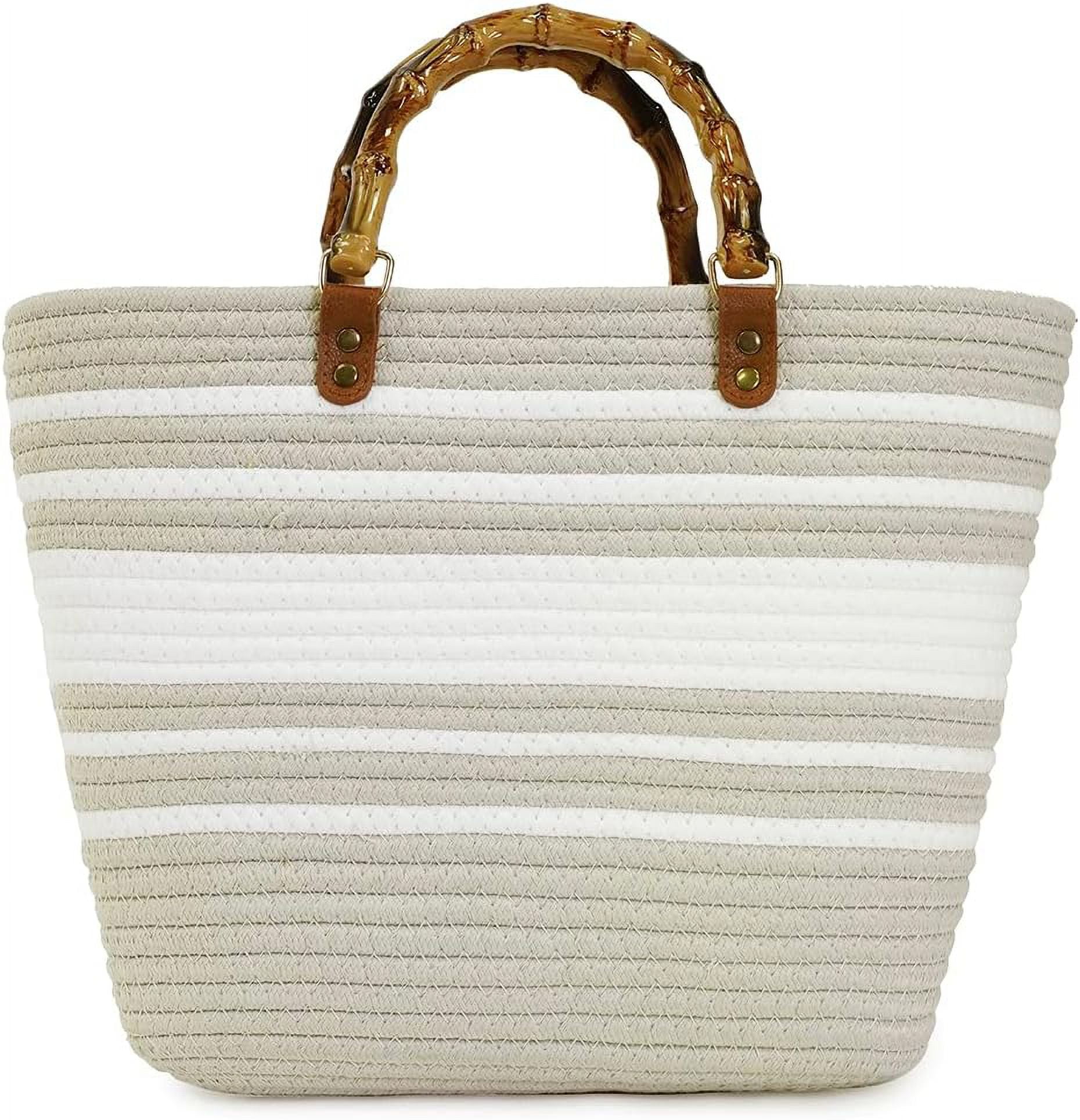 JLMMEN Women Straw Large Tote Bag Retro Bamboo Handle Strip Beach ...