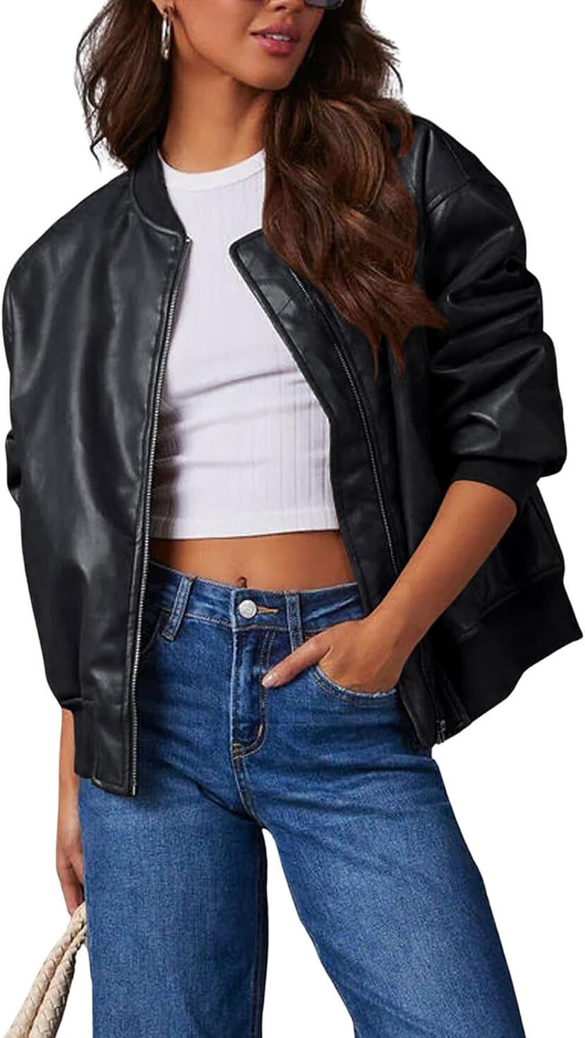 JLMMEN Women's Fall Oversized Faux Leather Bomber Jacket Zip Boyfriend Motocycle Leather Jacket ...