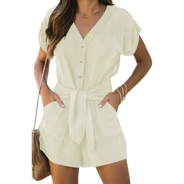 Chouyatou Women's Short Cuffed Sleeve Utility Rompers Elastic Waist ...