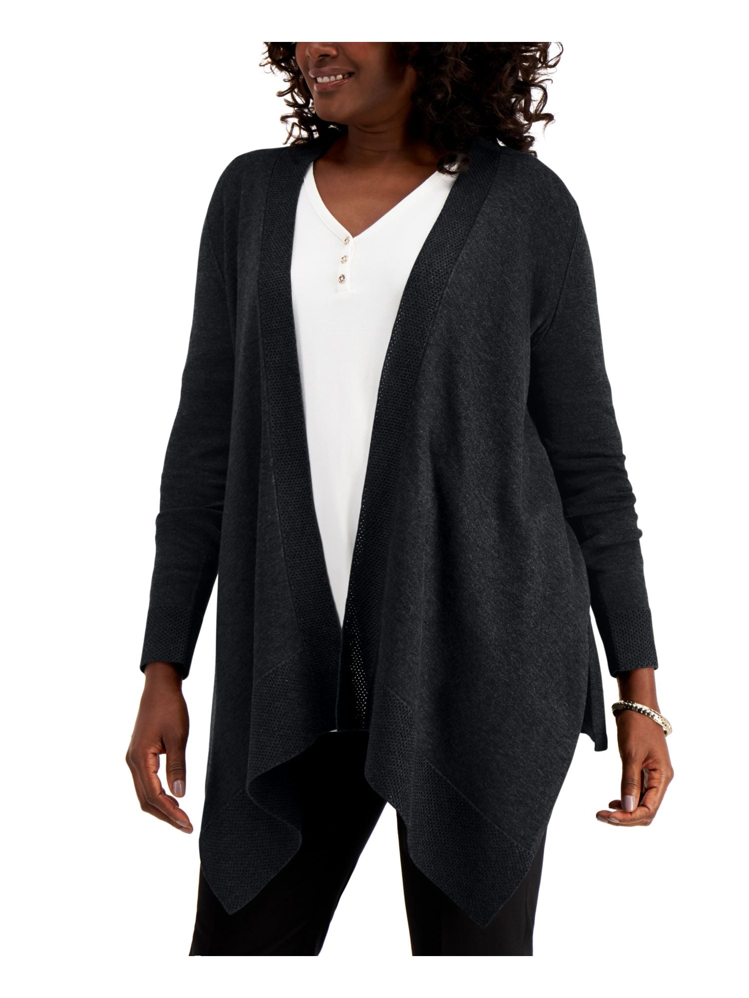 JM COLLECTION Womens Black Textured Asymmetrical Hem, Long Sleeve Open ...