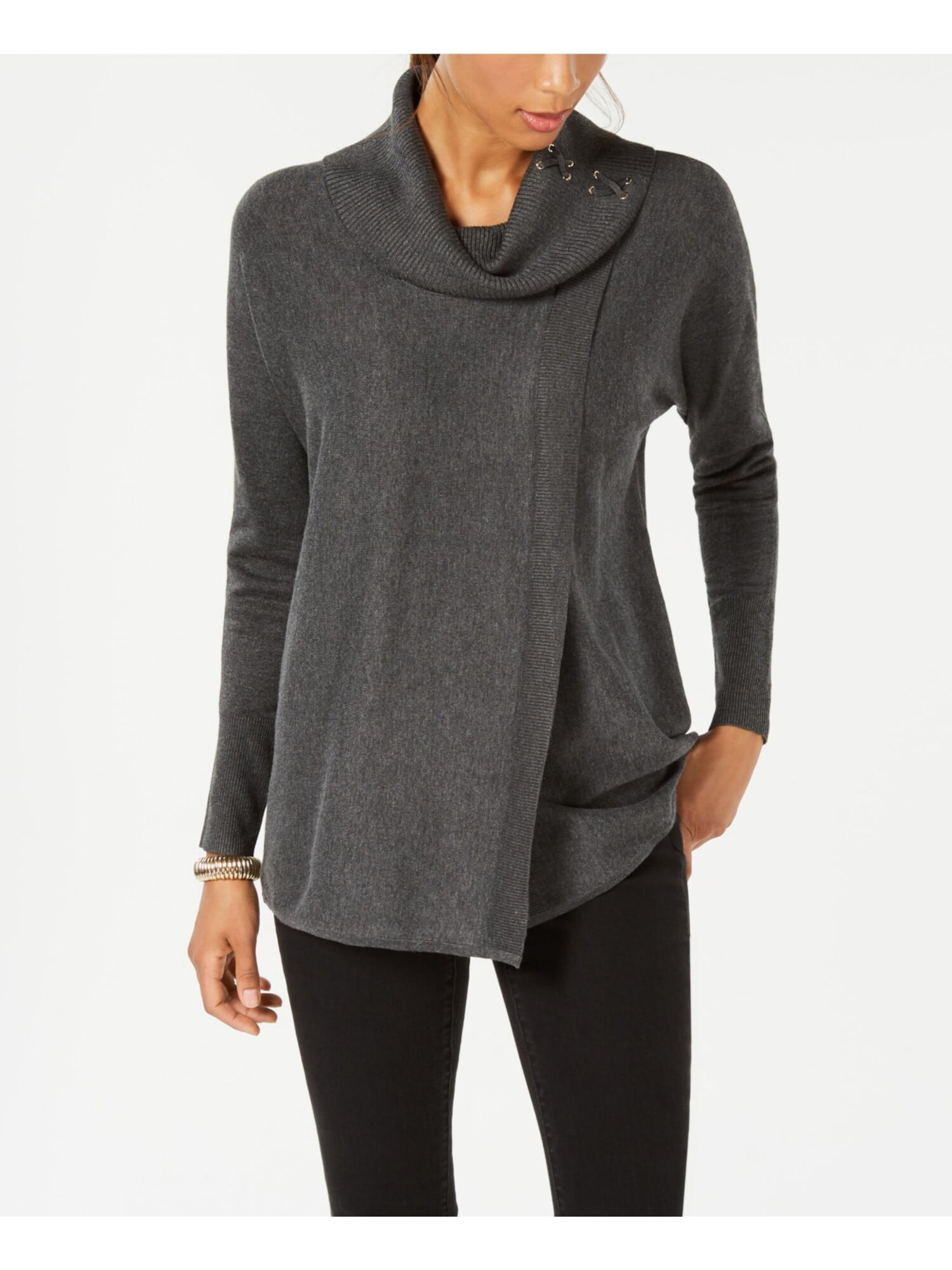 JM COLLECTION Womens Gray Stretch Ribbed Lace-up Grommet Detail Long ...