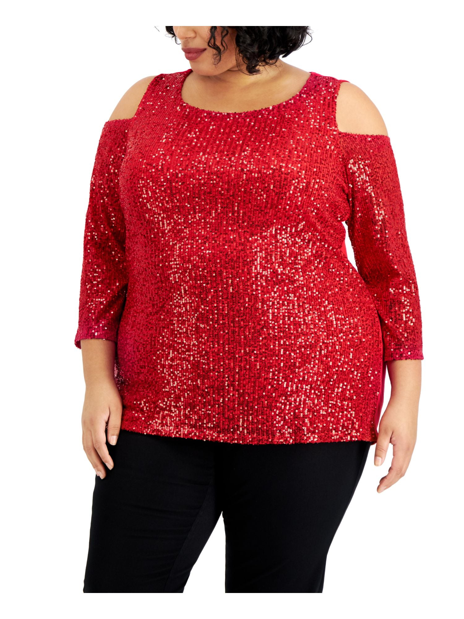 JM COLLECTION Womens Red Stretch Sequined Cold Shoulder Solid Back 3/4 ...