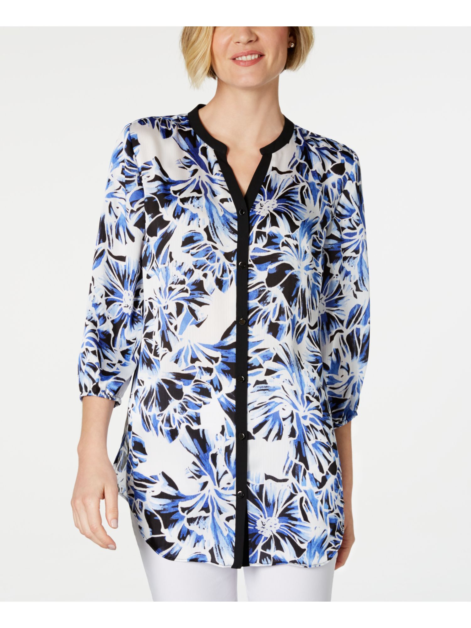 JM COLLECTION Womens White Contrast Trim, Button Closures Printed Split ...