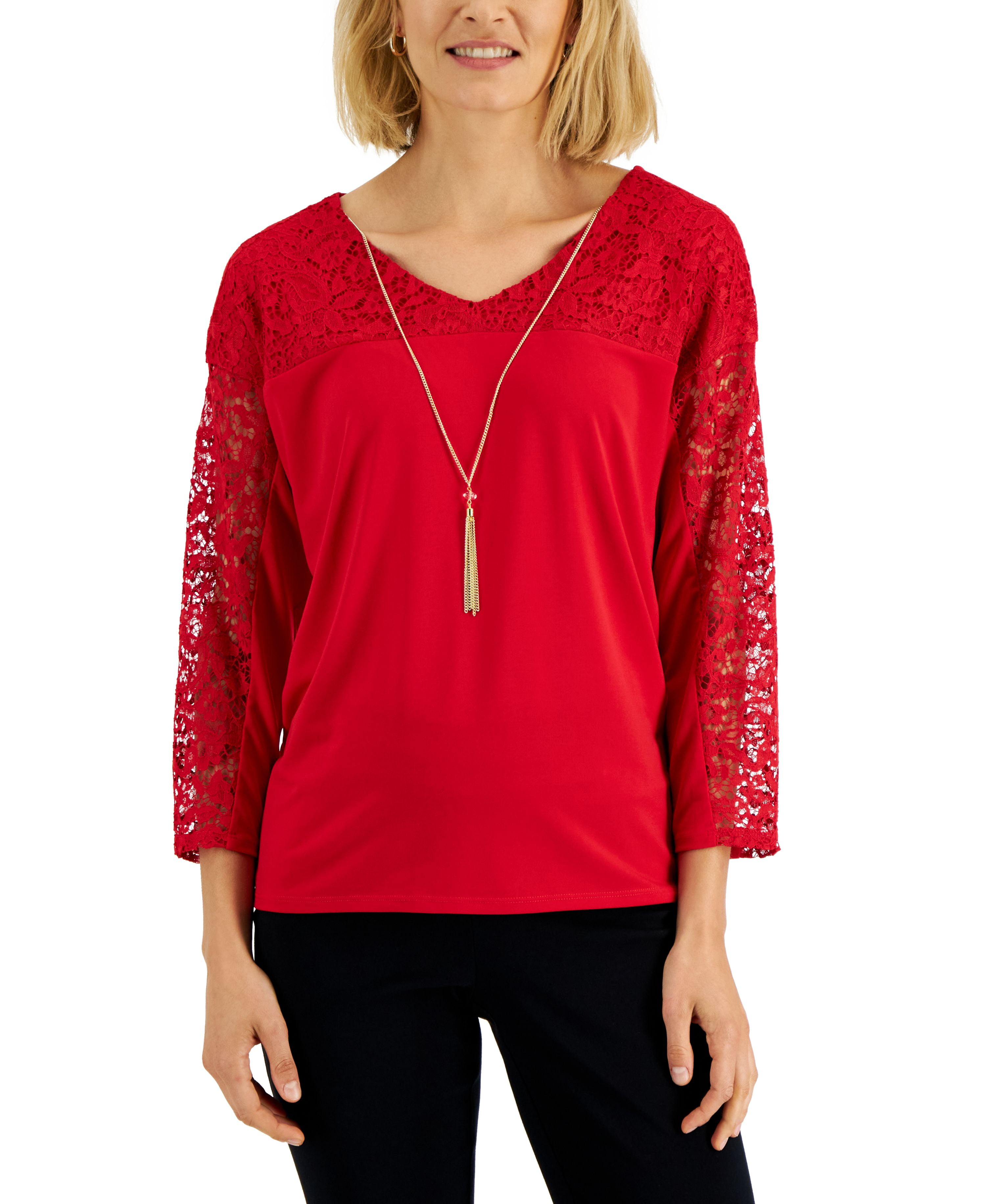 JM Collection Petite Lace Yoke Necklace Top Real Red PXS - Walmart.com
