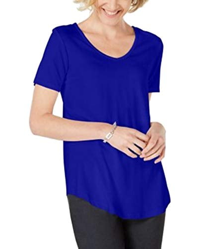 JM Collection Petite Lattice-Back V-Neck Top Blue Steel PS - Walmart.com