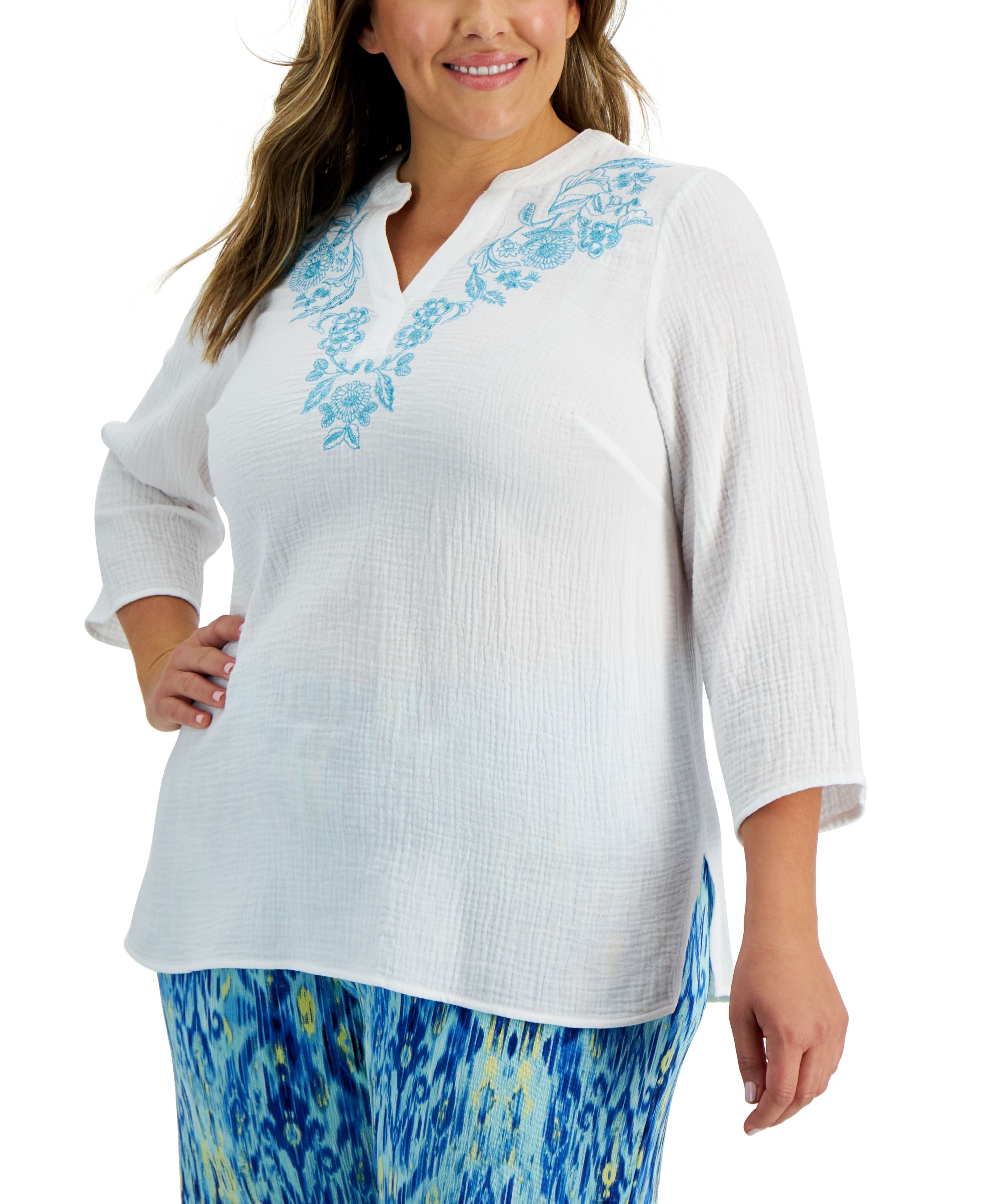 JM Collection Plus Embroidered Gauze Top Bright White 3X - Walmart ...