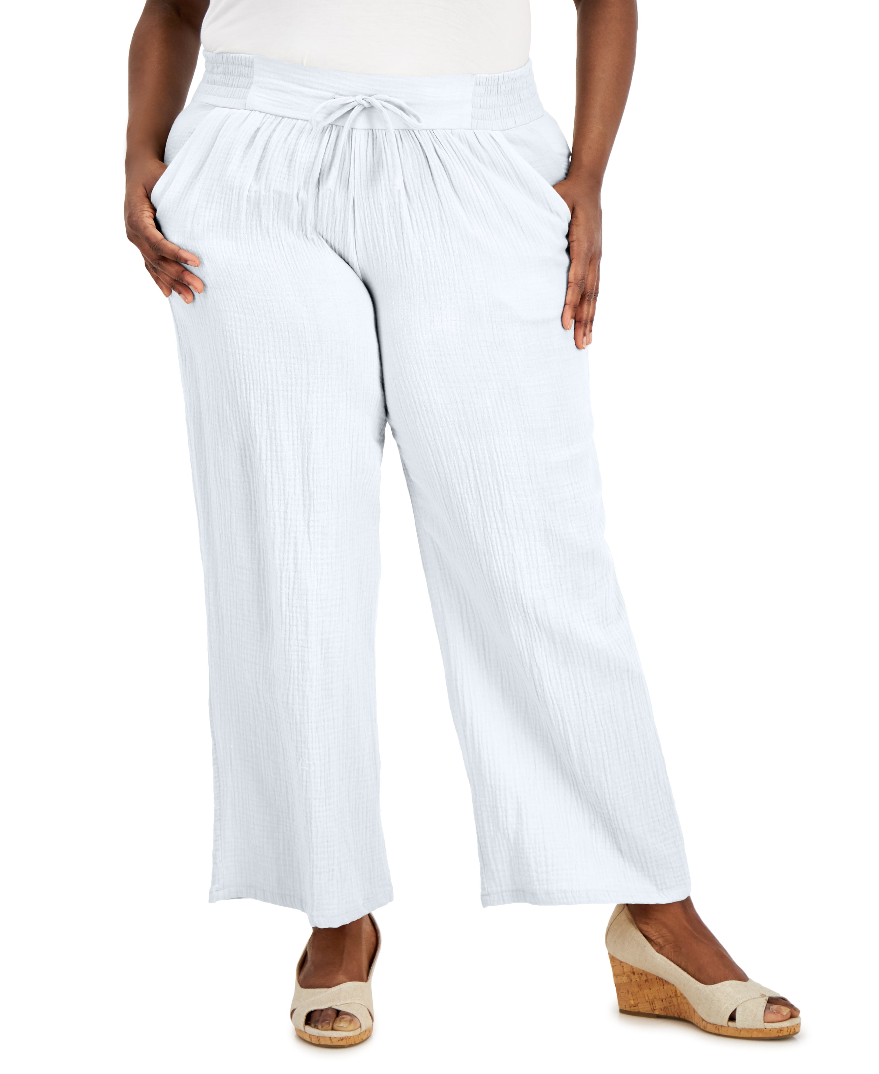 JM Collection Plus Size Gauze Drawstring Pants Bright White 2X ...