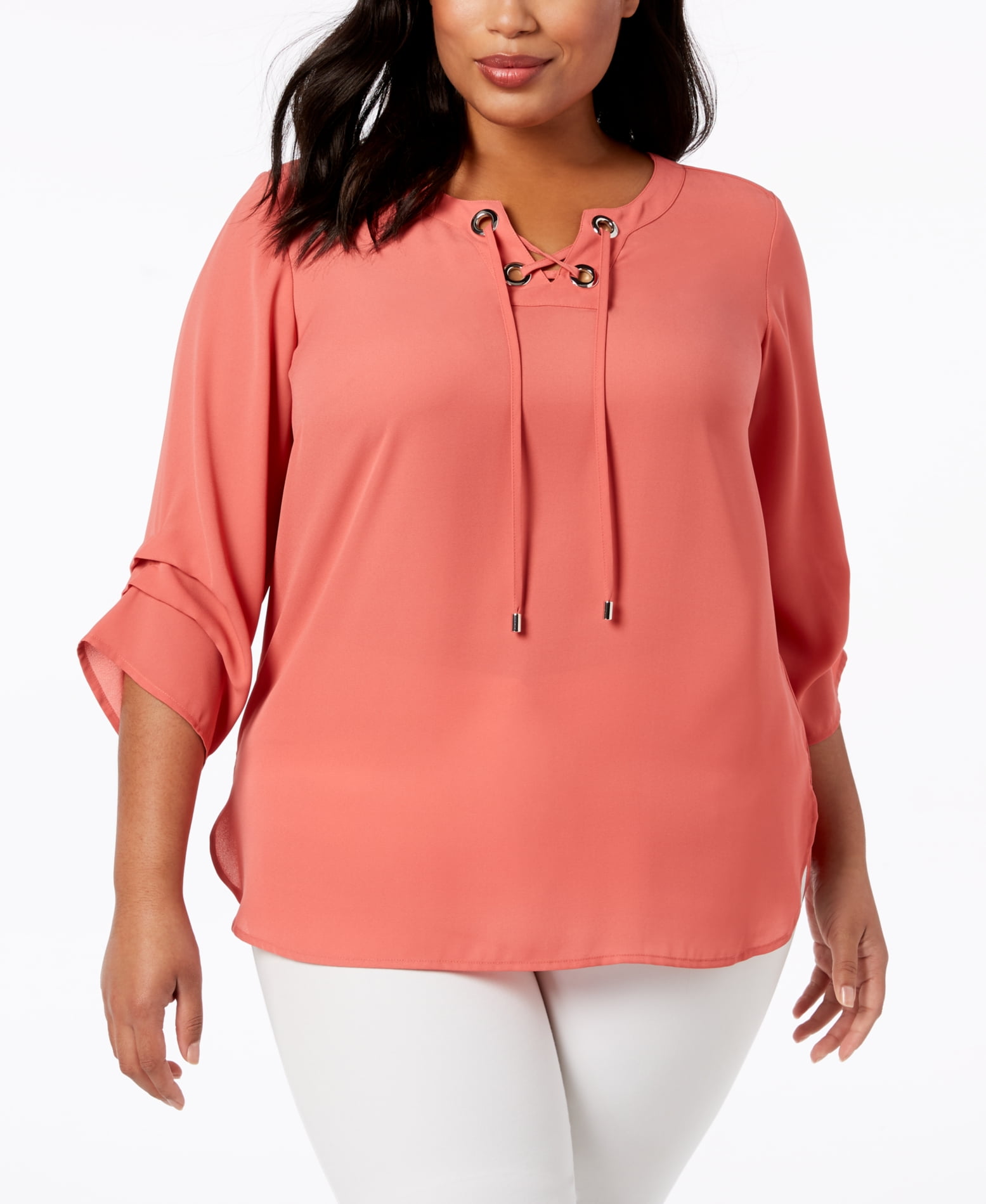 JM Collection Plus Size Lace Up Top Dusty Coral 0X - Walmart.com