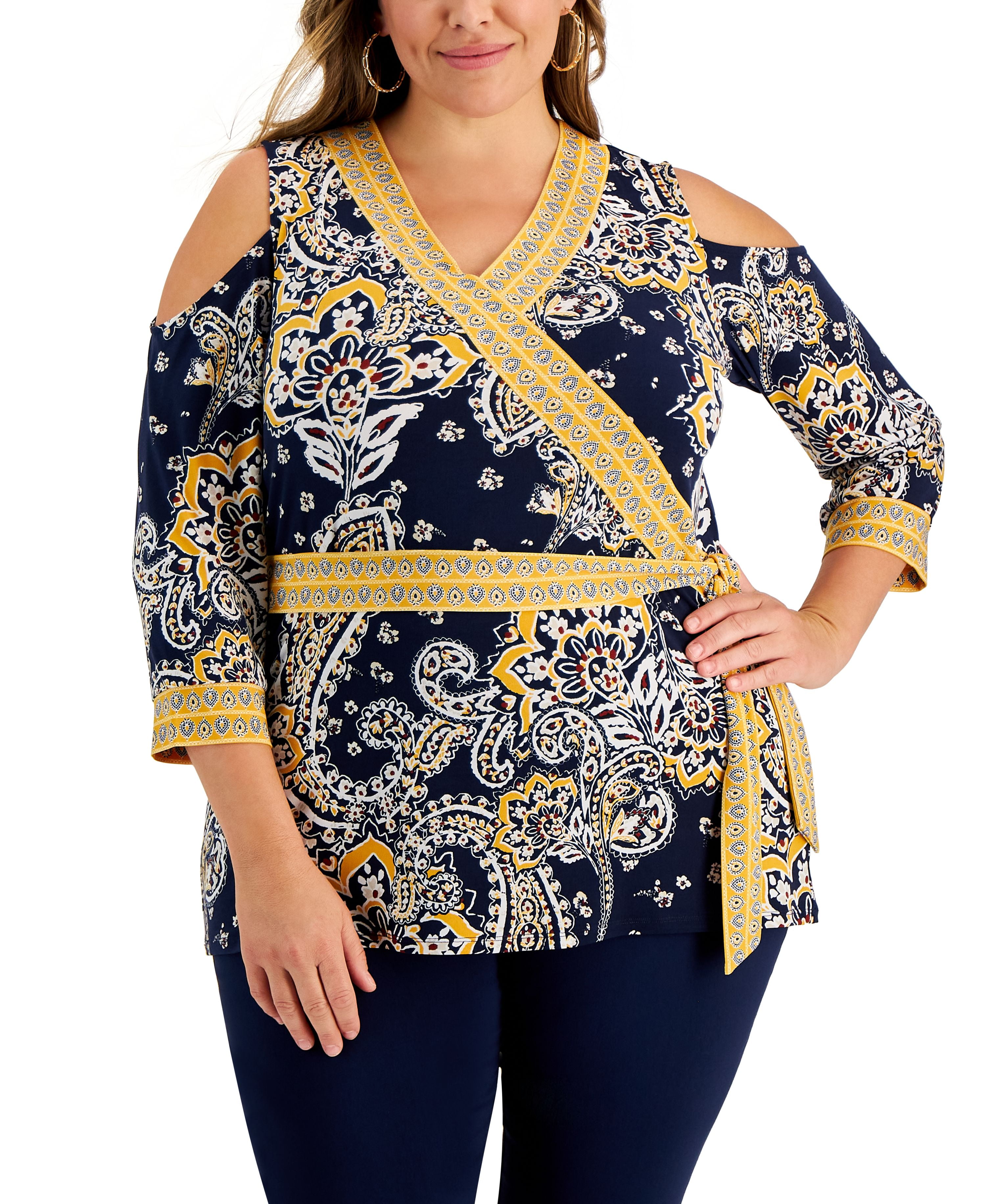 JM Collection Plus Size Nancy Paisley Print Wrap Top Intrepid Combo 3X ...