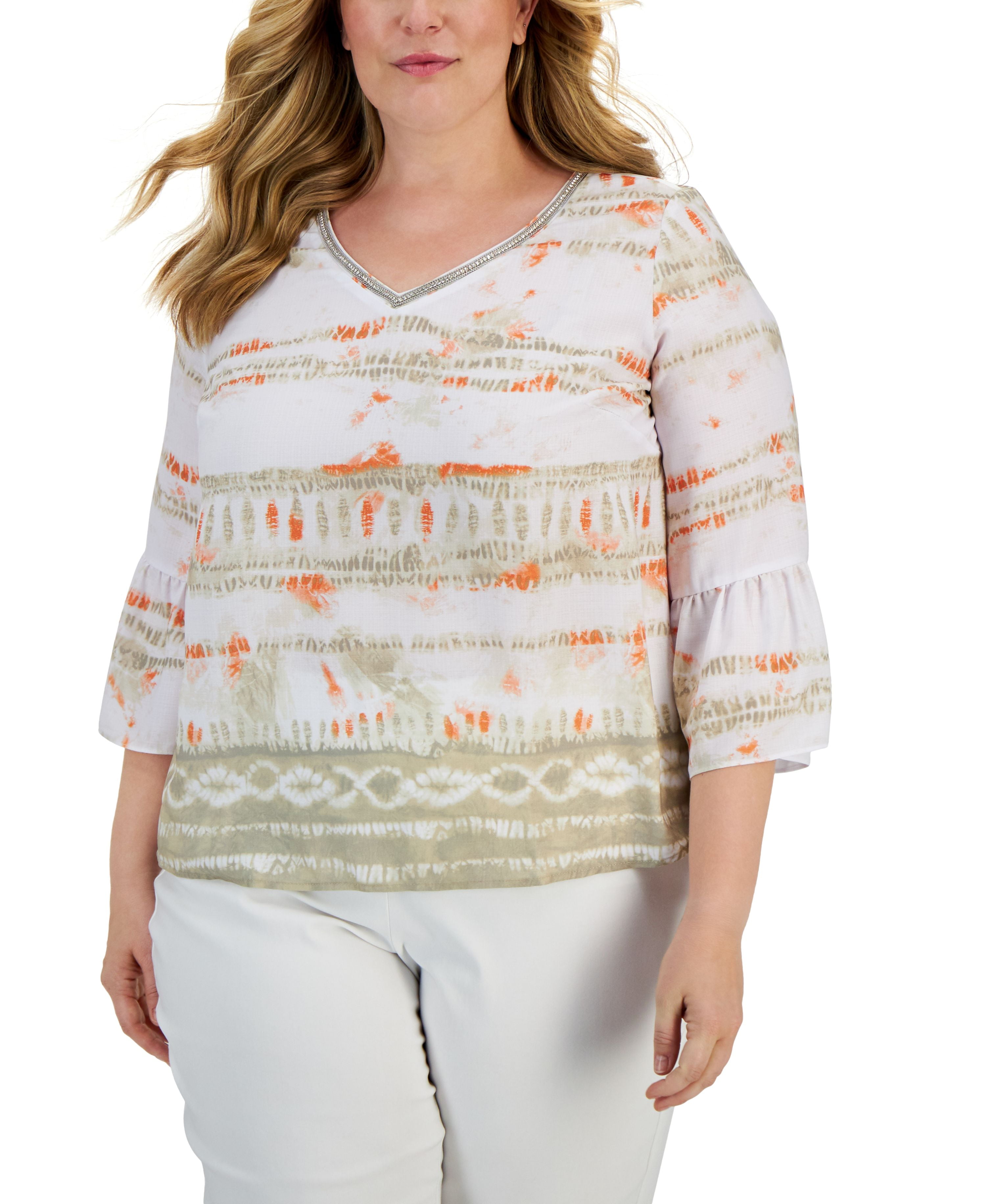 JM Collection Plus Size Printed Bell Sleeve Top Stone Combo 2X ...