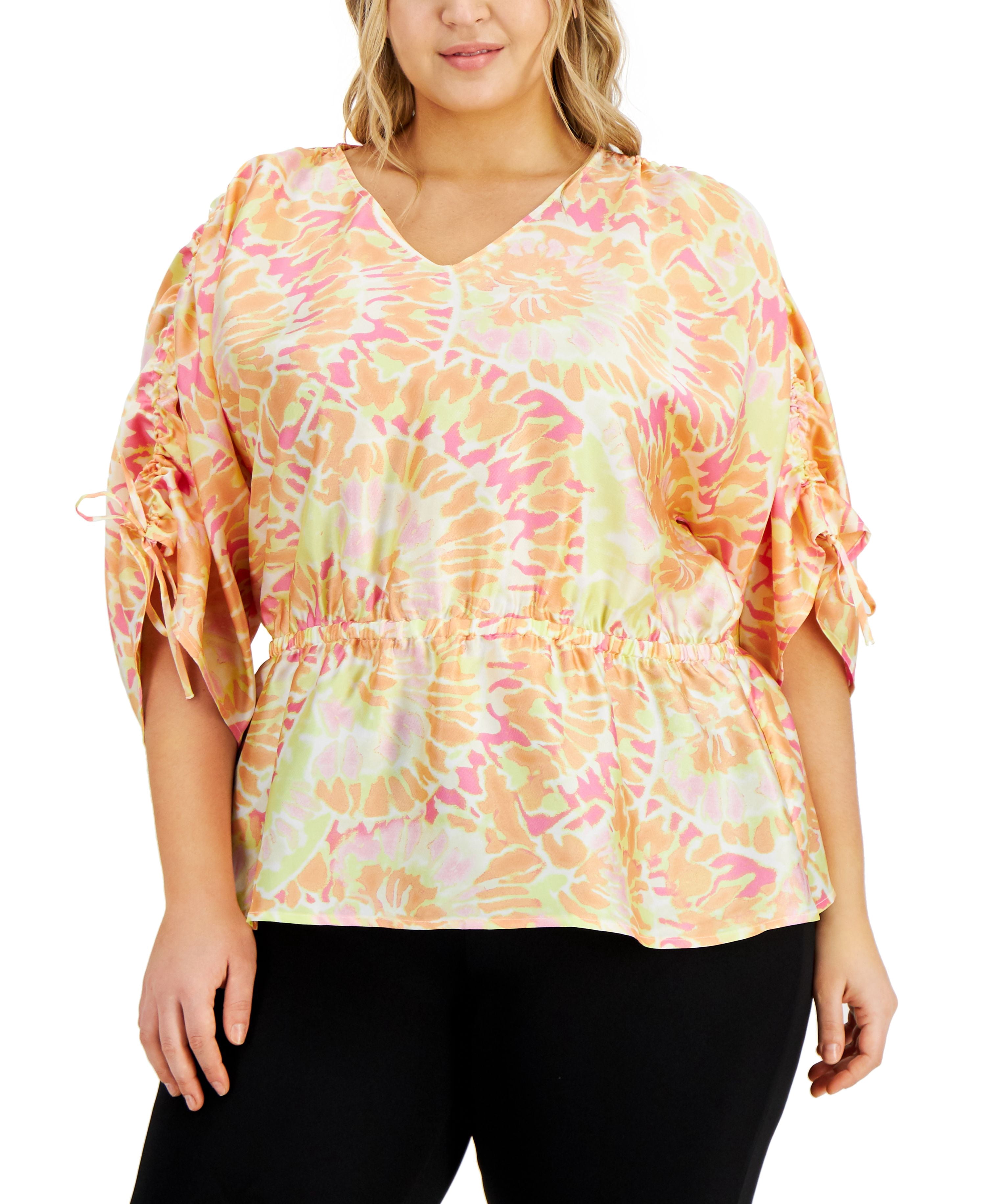 JM Collection Plus Size Ruched Sleeve Top Peach Pearl Combo 3X ...