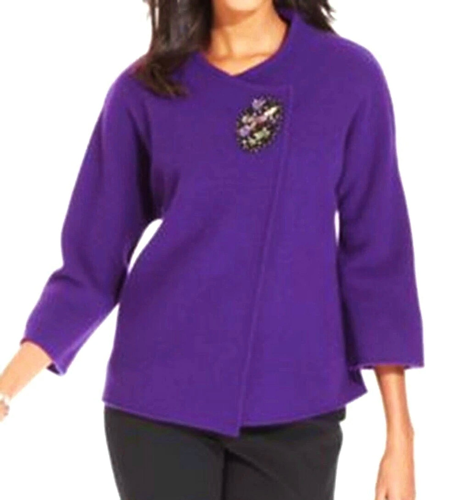 JM Collection Purple 100% Wool Brooch Embellished Knit Cardigan Women's ...