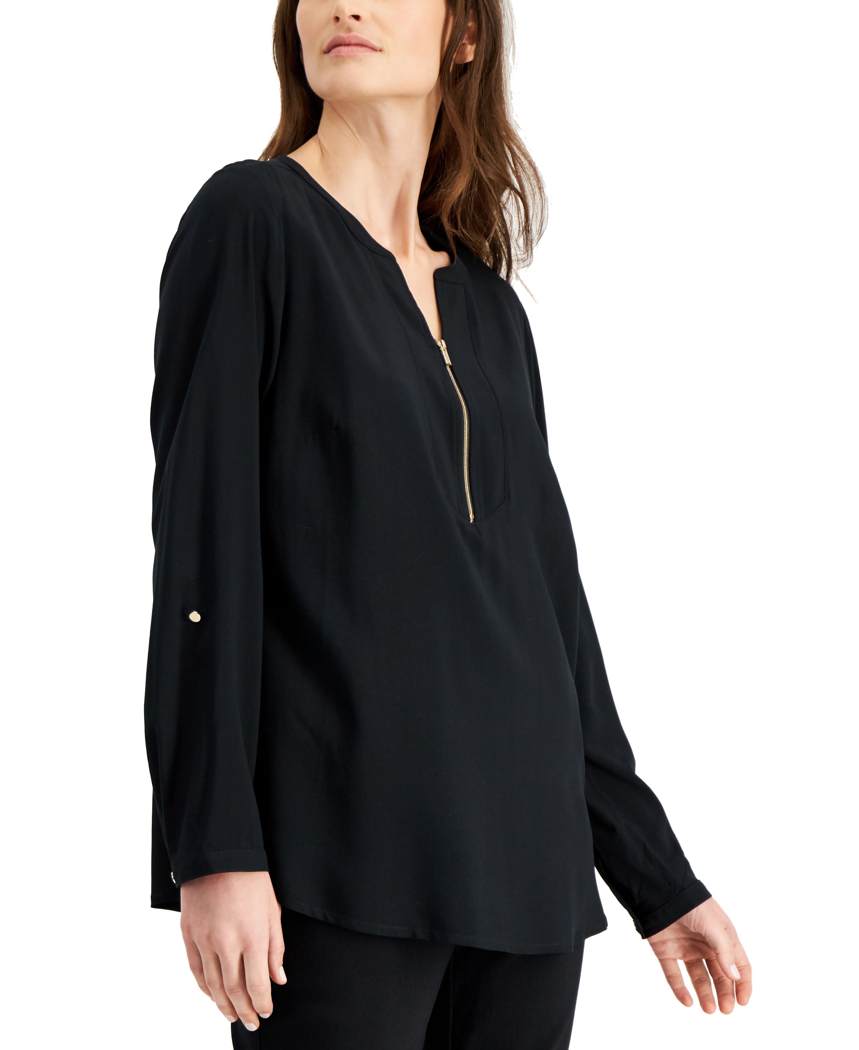 JM Collection Solid Zip Neck Utility Top Deep Black M - Walmart ...