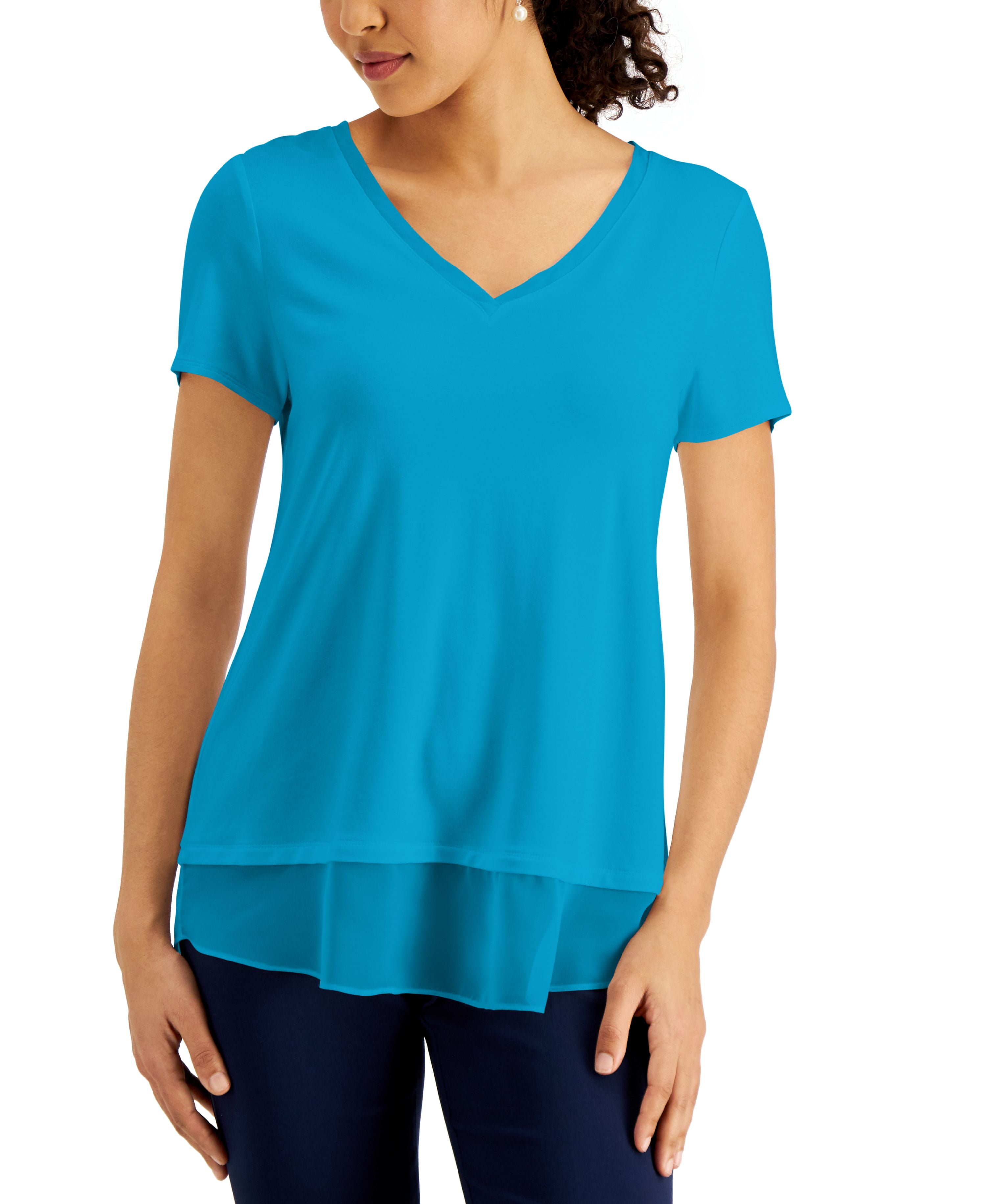 JM Collection V Neck Sheer Hem Top Ocean Turquoise L - Walmart.com