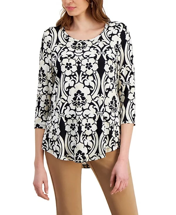 JM Collection WHITE SCROLLS Women's Printed Knit 3/4-Sleeve Top, US ...