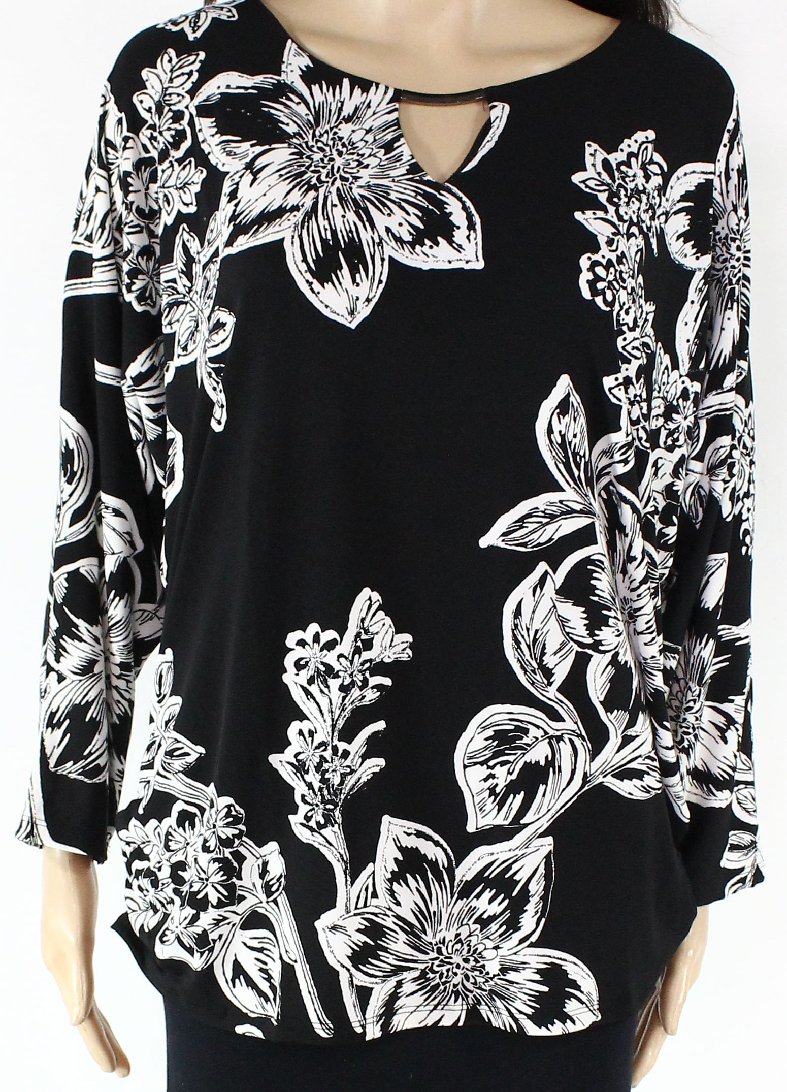 JM Collection Women's 3/4 Sleeve Black Floral V-Neck Stretch Size M ...