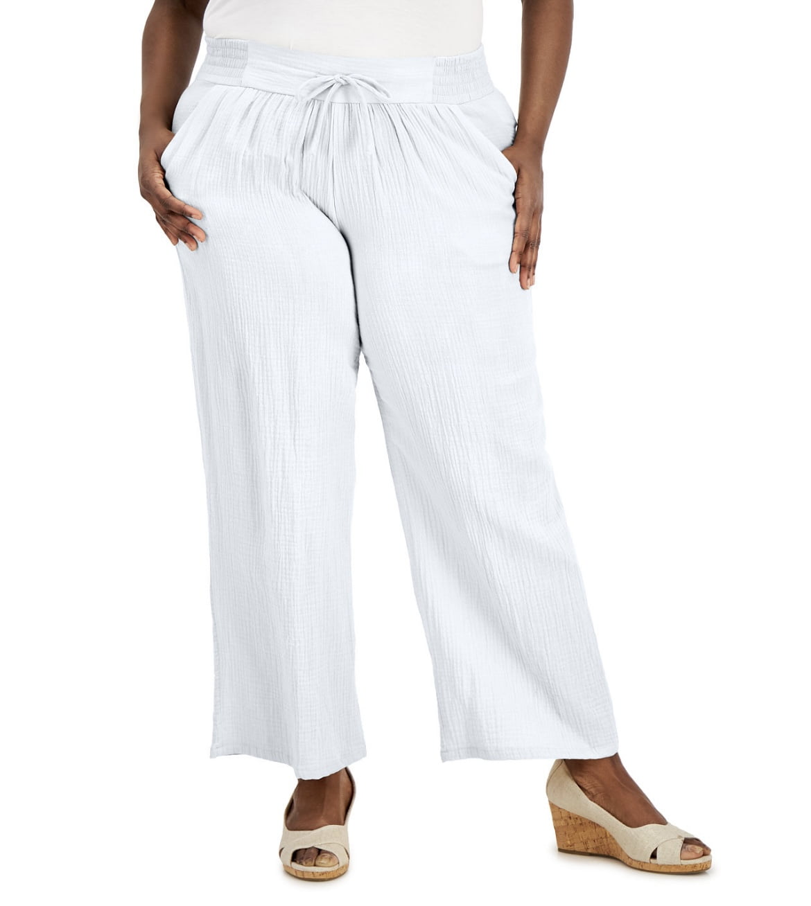 JM Collection Women's Gauze Drawstring Pants Bright White Plus Size 0X ...