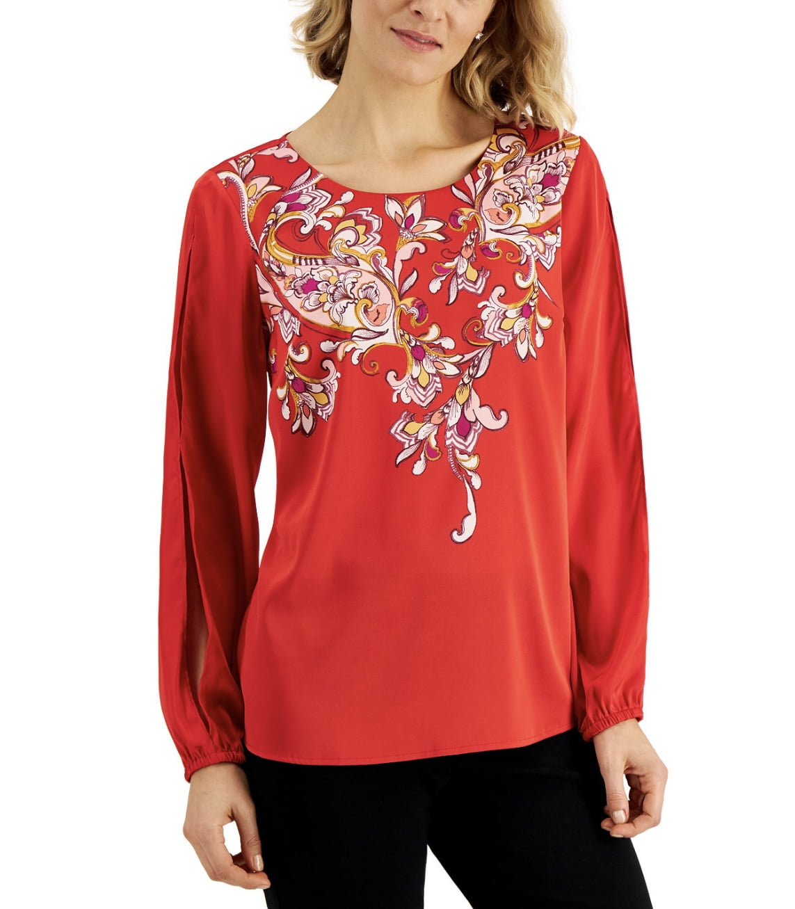 JM Collection Women's Long Sleeve Printed Satin Blouse Real Red Combo ...