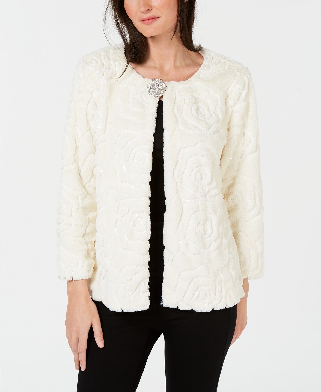 JM Collection Women's Sequined Faux-Fur Broach Jacket White Size Medium ...