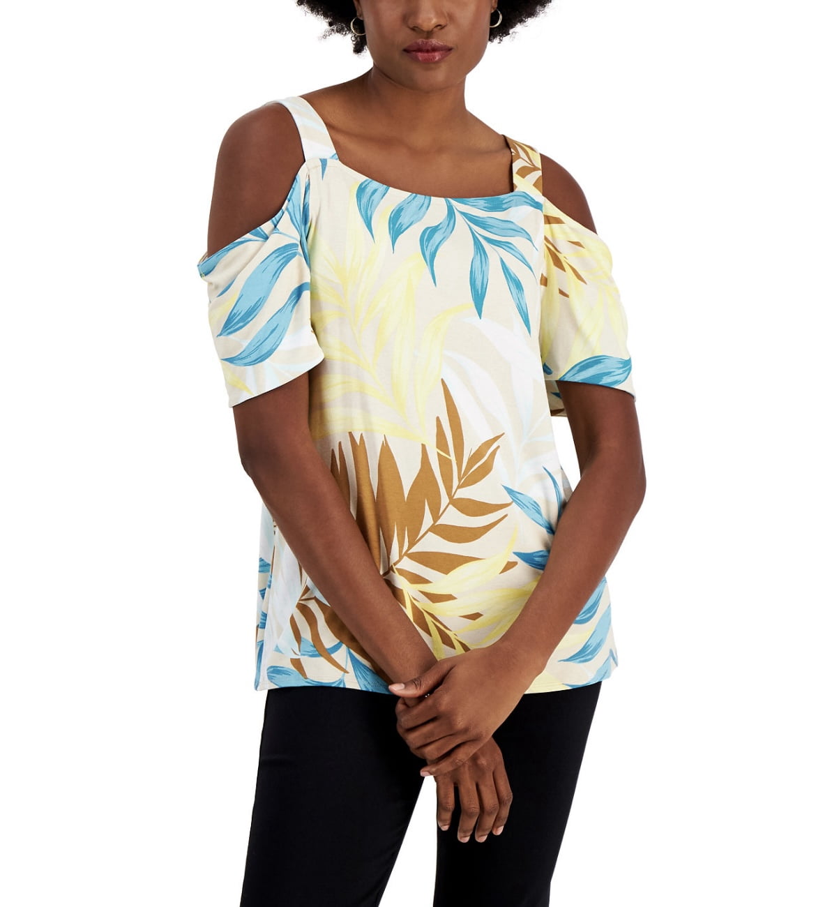 JM Collection Womens Fern Map Cold Shoulder Top Taupe Flash Combo M ...