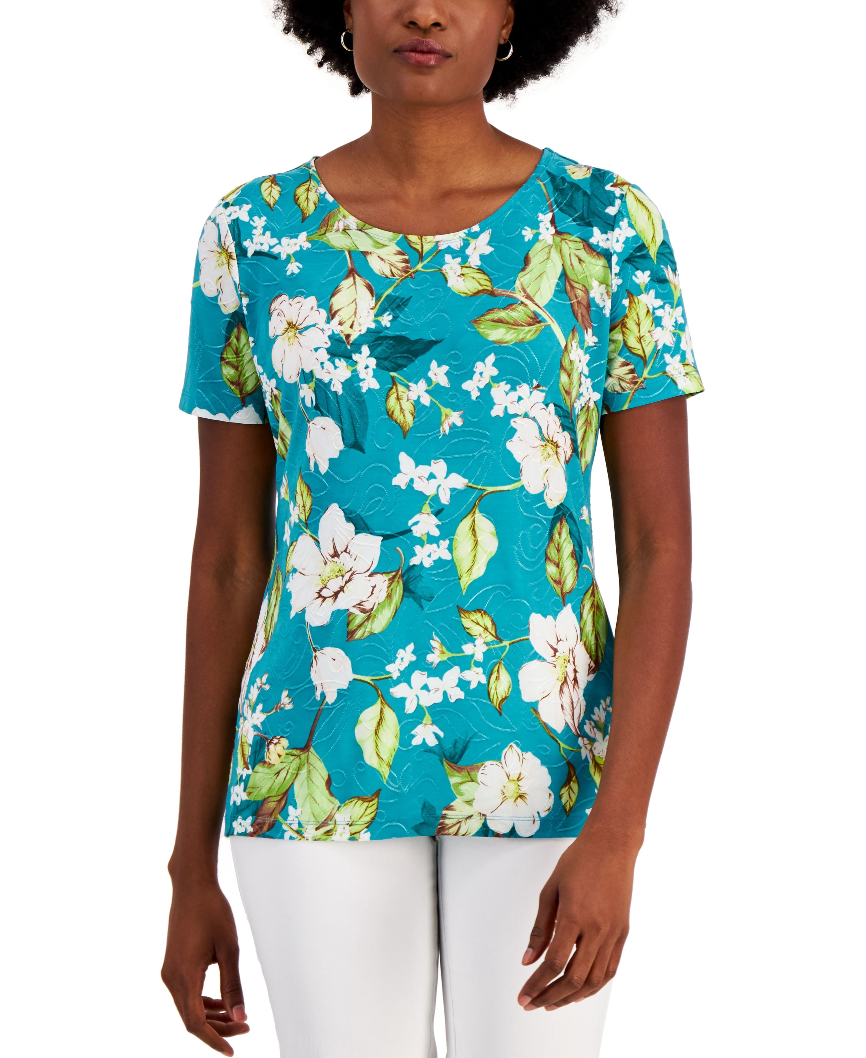 JM Collection Womens Jardin Tropical Print Top Tropical Waters Combo M ...